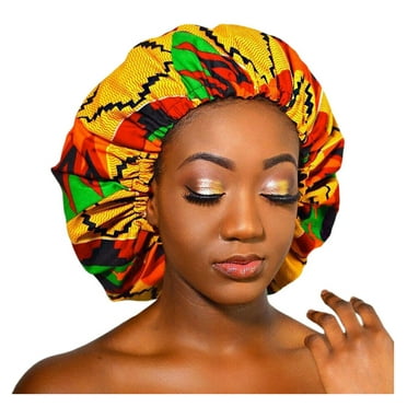 African Print Satin Bonnet With Long Ribbon Wrap Double Layer Head Wrap ...