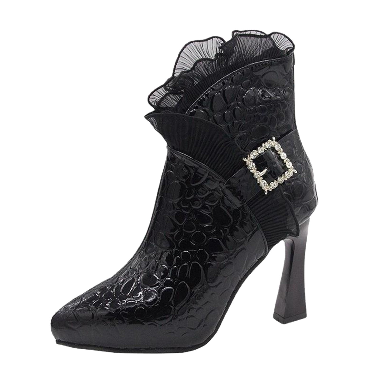 GWAABD Women's Booties Lace Ruffle Heel Women Boots Leather Patchwork ...