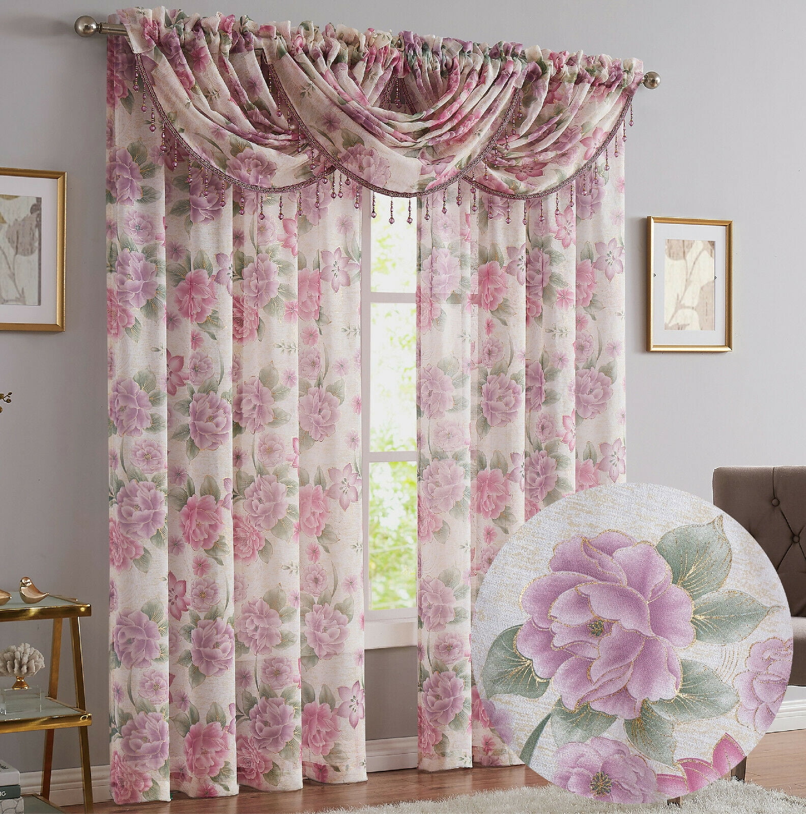 GWEN FLORAL 5 PIECE SHEER CURTAIN SET, BEADED AUSTRIAN VALANCES ...