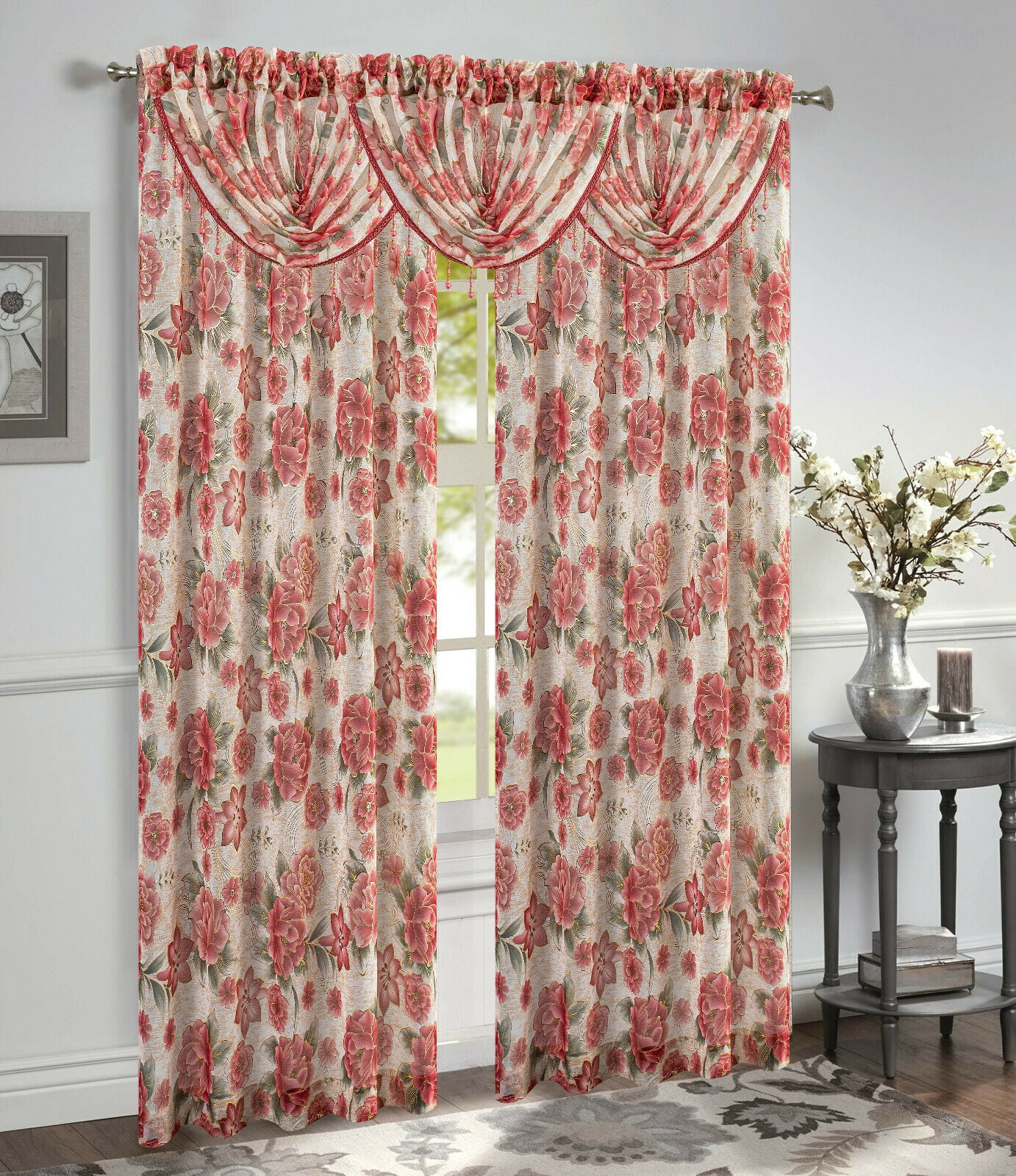 GWEN FLORAL 5 PIECE SHEER CURTAIN SET, BEADED AUSTRIAN VALANCES ...