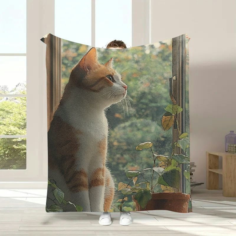 GWJING Calico Cat and House Plants Blanket, Cute Cat Flannel Throw ...