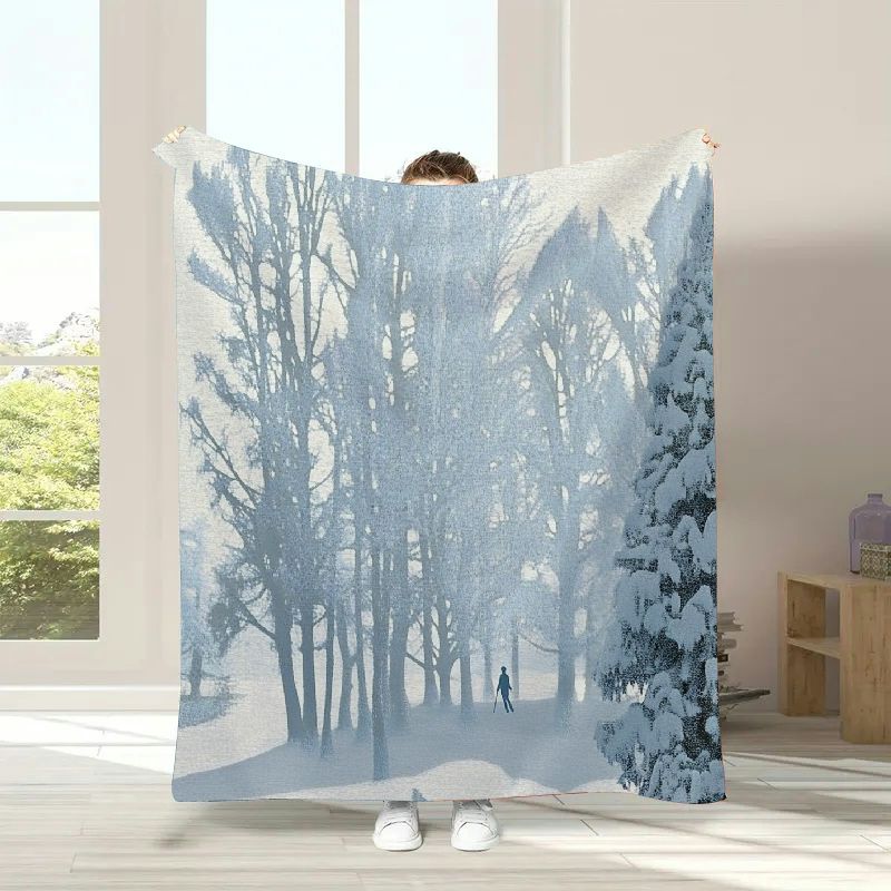 GWJING Dusty Blue Throw Blanket, Christmas Theme Snowy Forest Elements ...