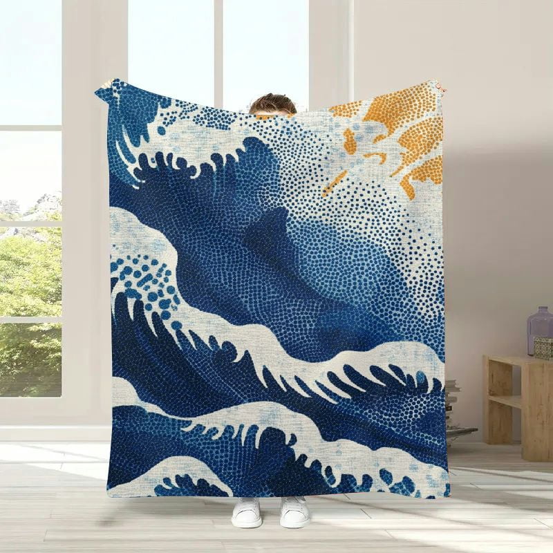 GWJING Japanese Wave Throw Blanket, Illustration of Sea Curves Oriental ...