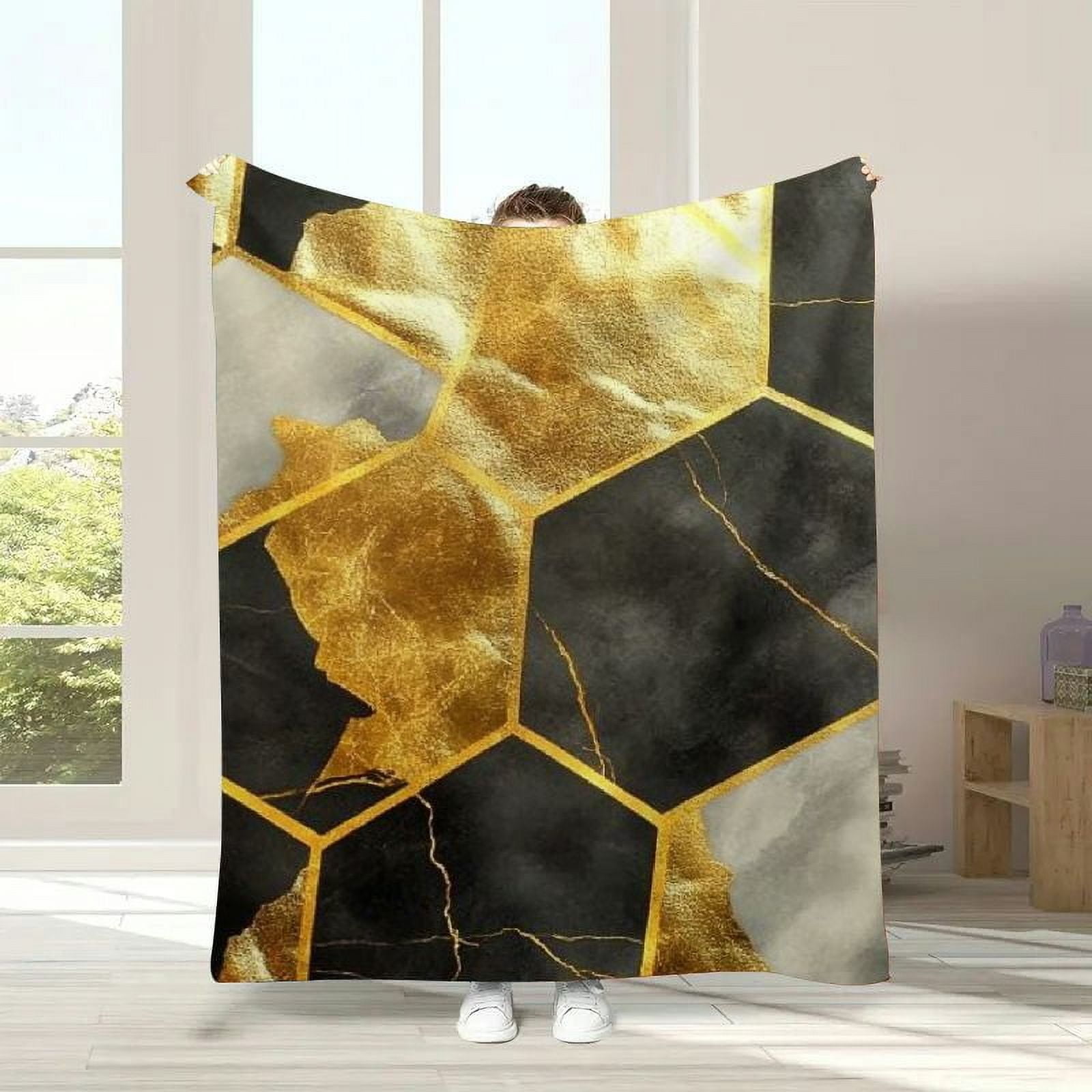 GWJING Marble Throw Blanket, Black Grey Geometric Gold Plaid Sherpa ...