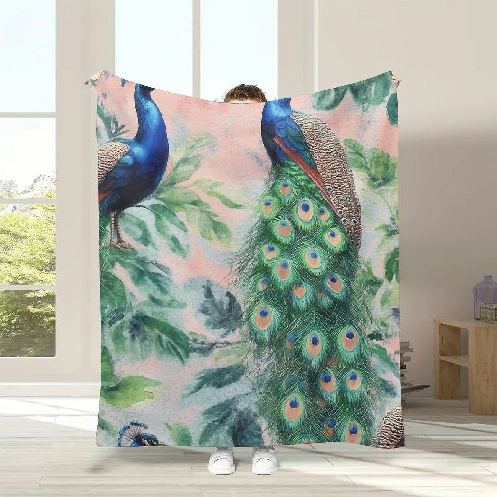 GWJING Throw Blanket Watercolor Animals Peacock Feathers Soft Cozy Warm Flannel Bed Blanket ...