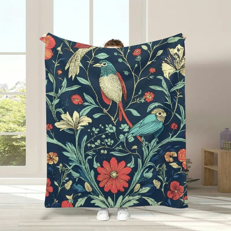 GWJING William Morris Floral Flannel Blankets, Vintage Flower Birds ...