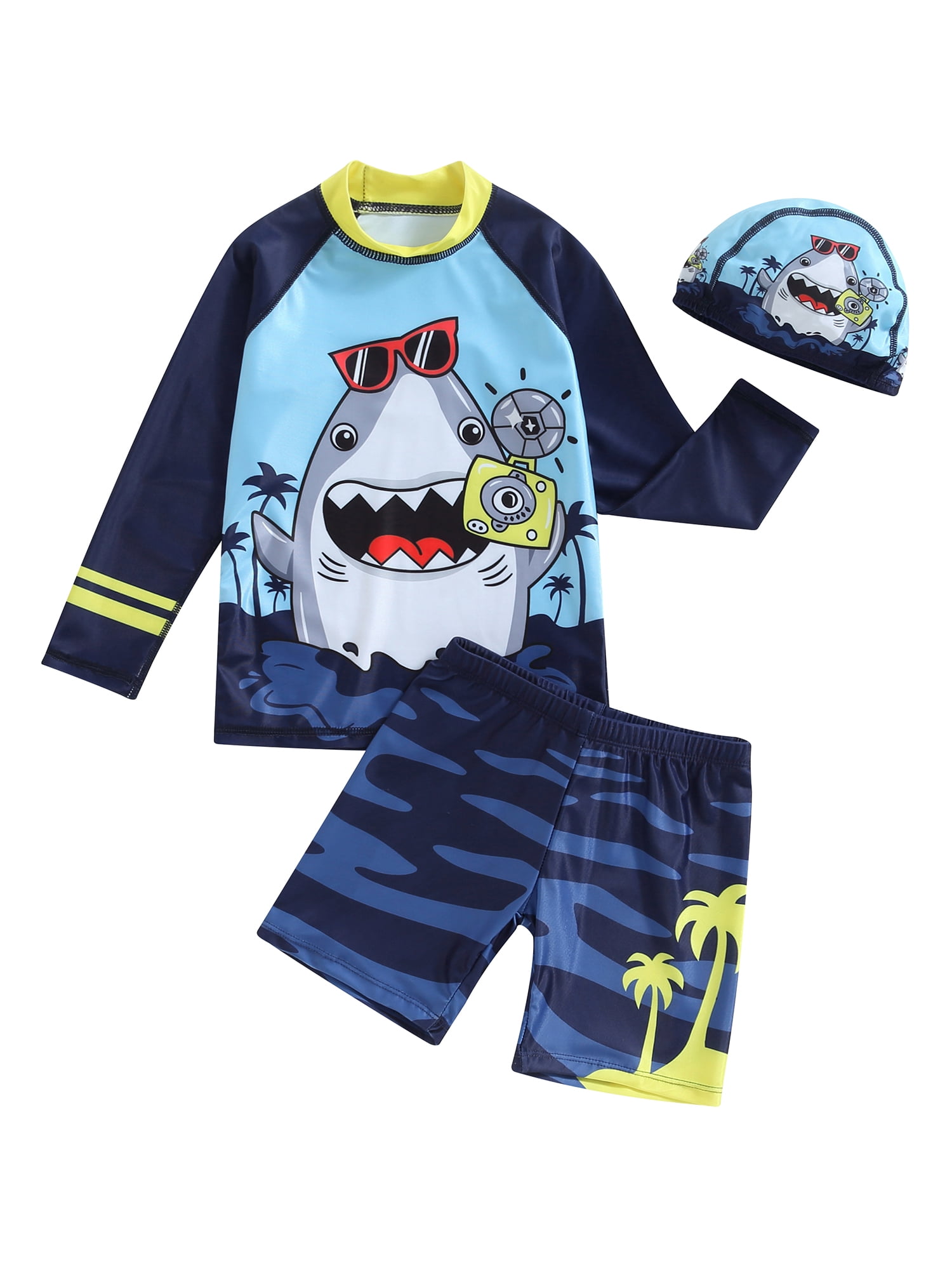 GXFC Kids Boys Summer Swimsuit Little Boys Long Sleeve Shark Print Top ...