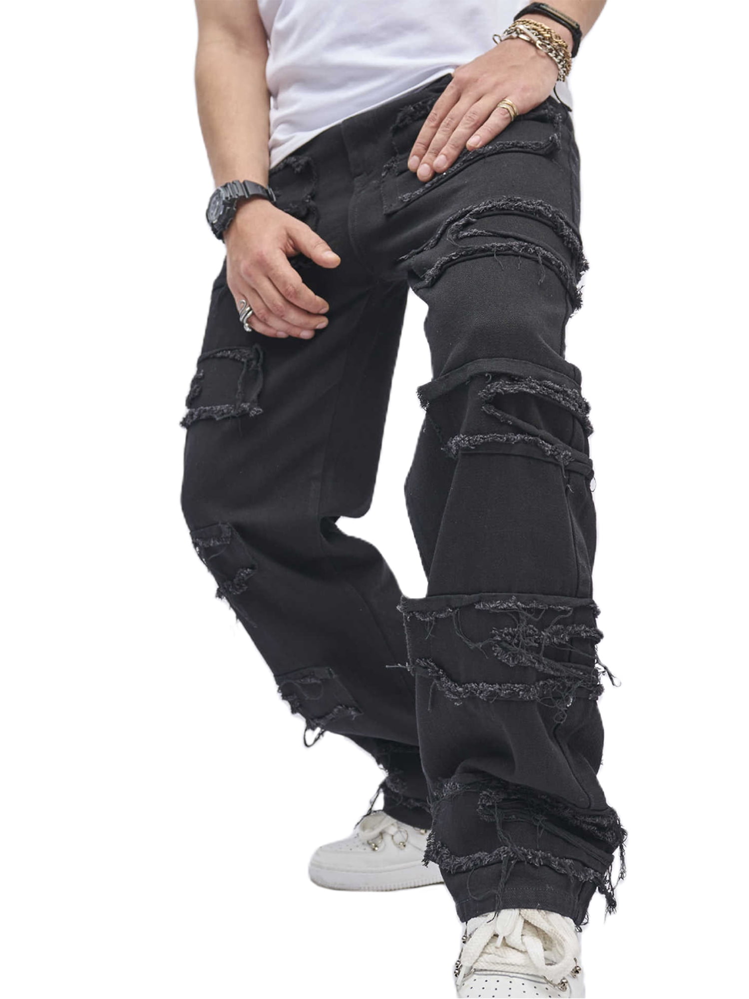 GXFC Men Straight Leg Jeans Ripped Relaxed Fit Jeans Hip Hop Denim ...