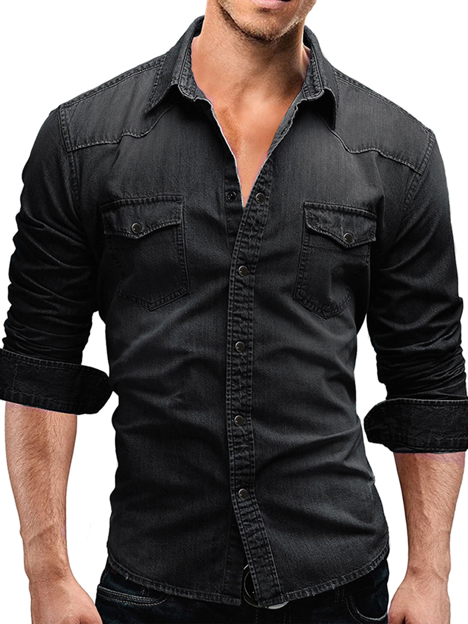 GXFC Men's Denim Shirt Long Sleeve Casual Button-Down Collar Blue ...