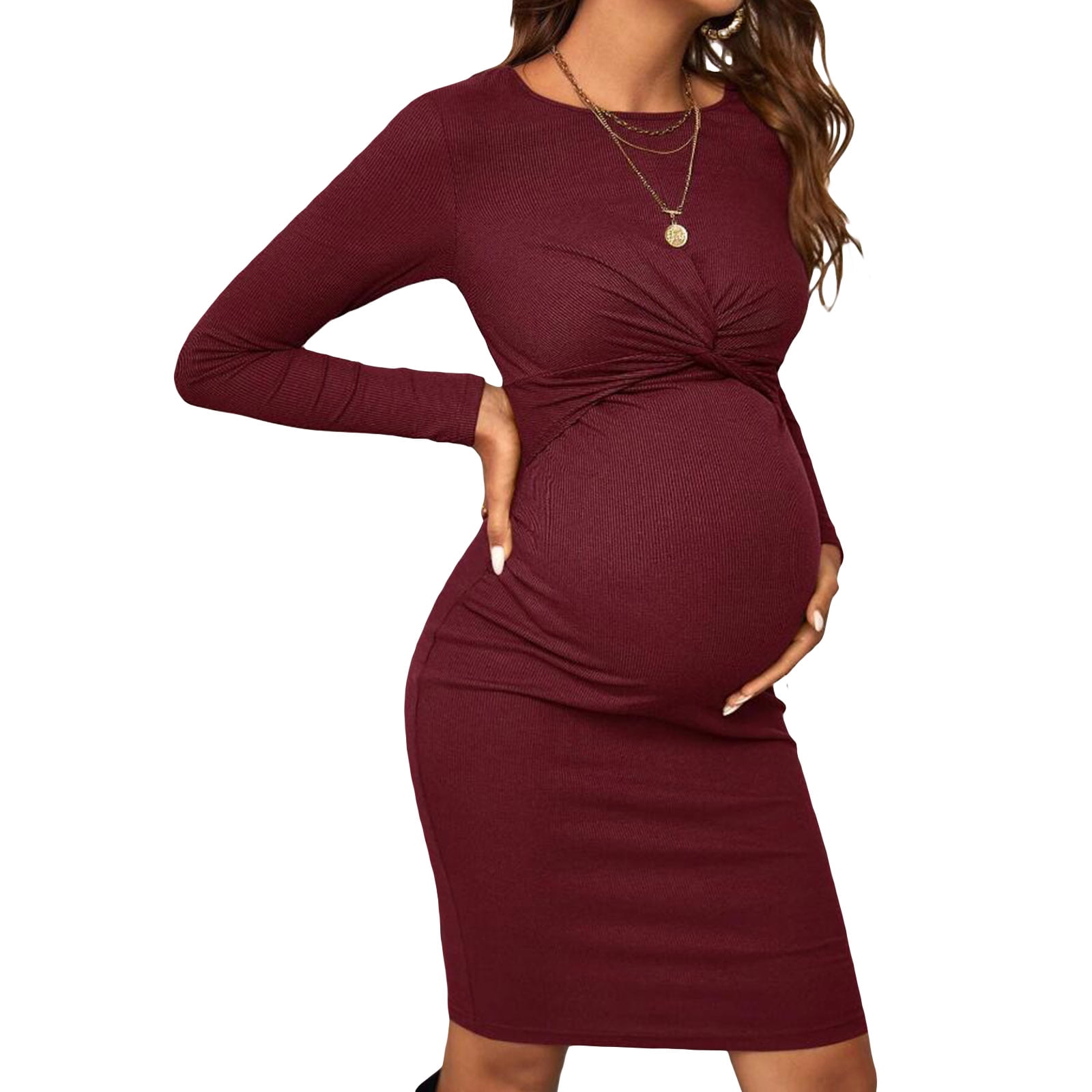 GXFC Women Maternity Dress Long Sleeve Bodycon Midi Dress for Pregnancy ...