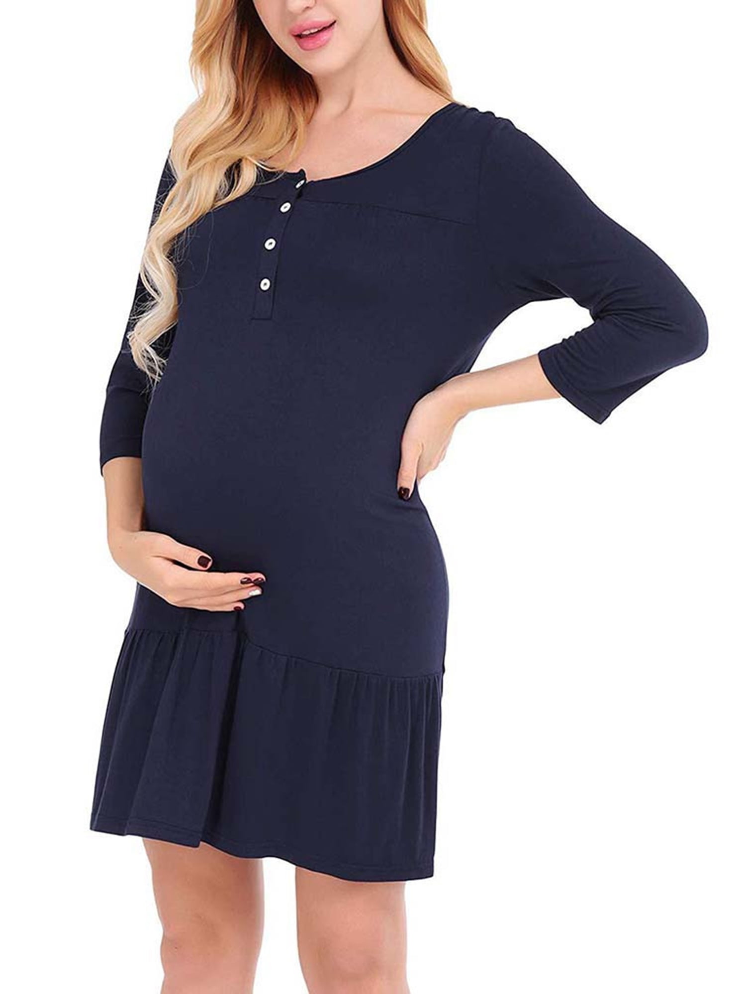 GXFC Women Maternity Fall Dress Casual 3/4 Sleeve Button Pleated Dress ...