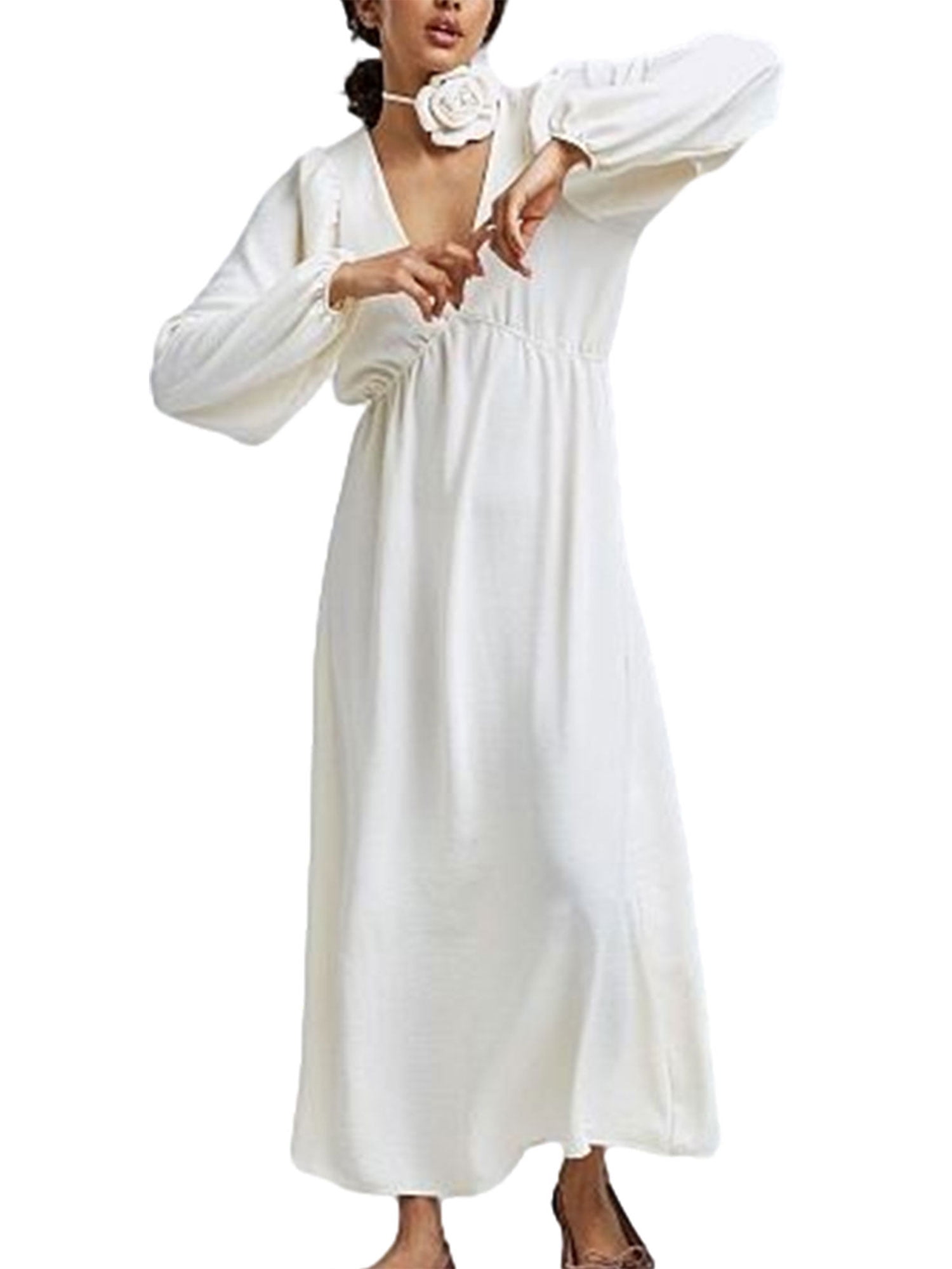 GXFC Women Shift Maxi Dress Loose Long Sleeve Backless Dress for Spring ...