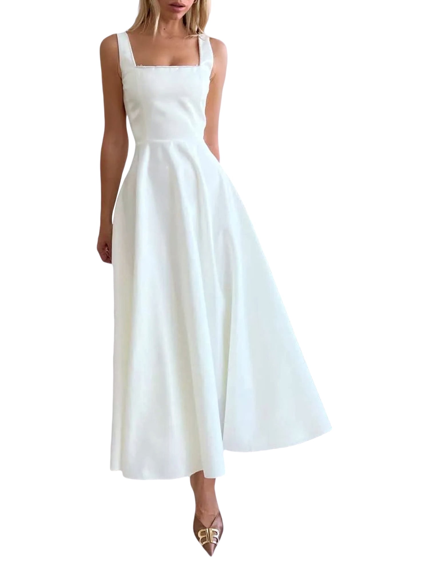 GXFC Women Slip A-Line Dress Summer Solid Color Square Neck High Waist ...