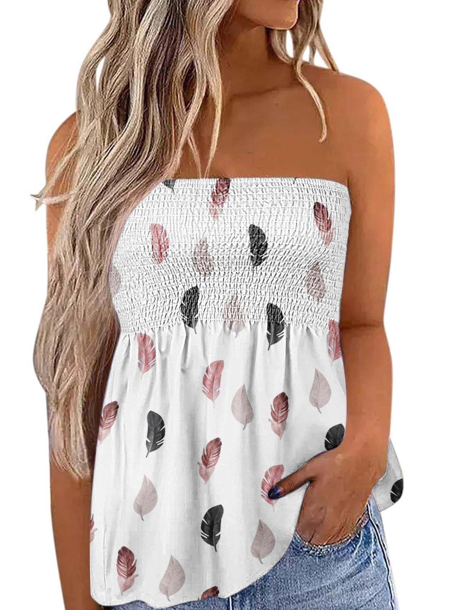 GXFC Women Summer Casual Smocked Bandeau Tube Top Sleeveless Strapless ...