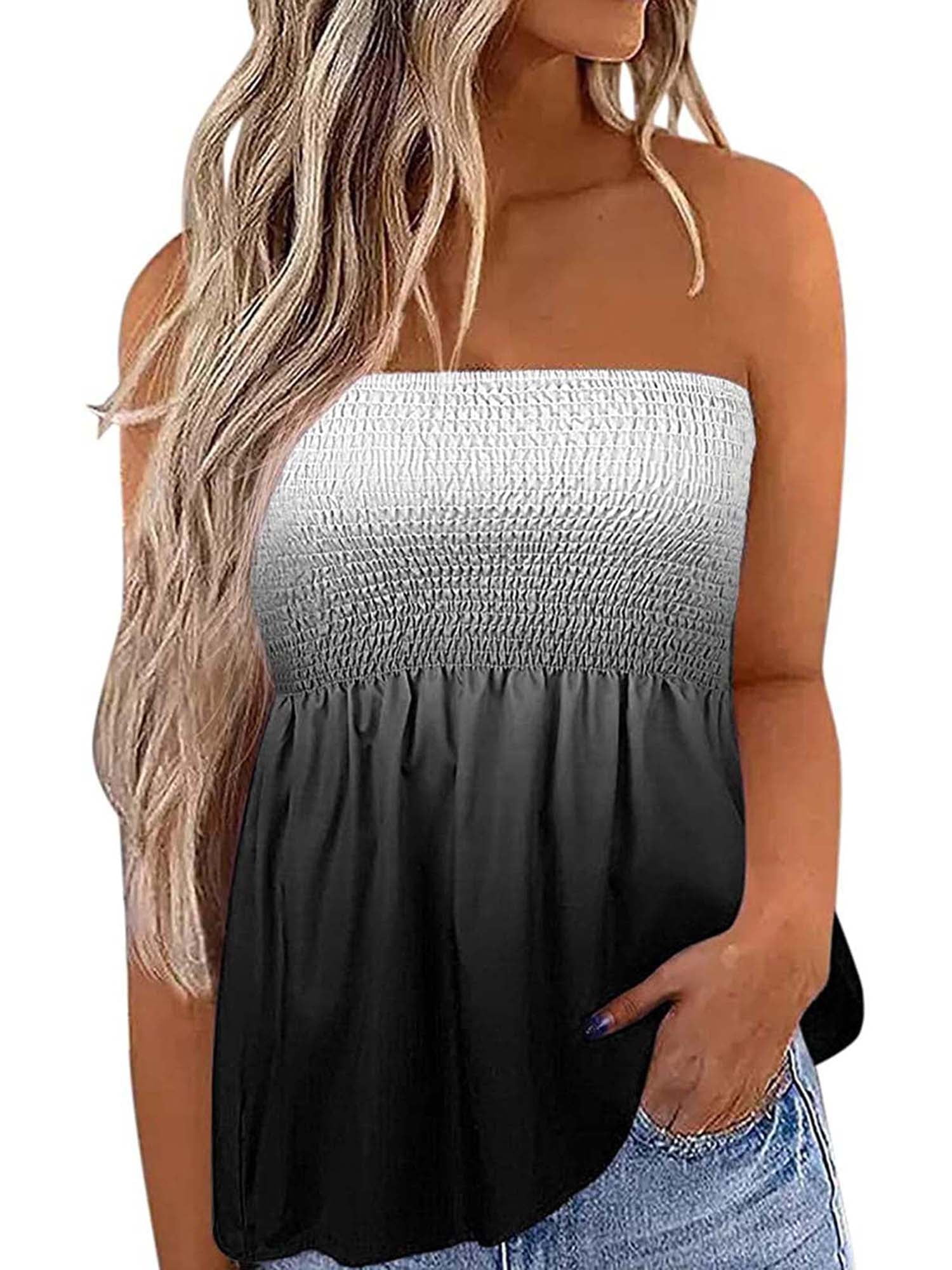 GXFC Women Summer Casual Smocked Bandeau Tube Top Sleeveless Strapless ...