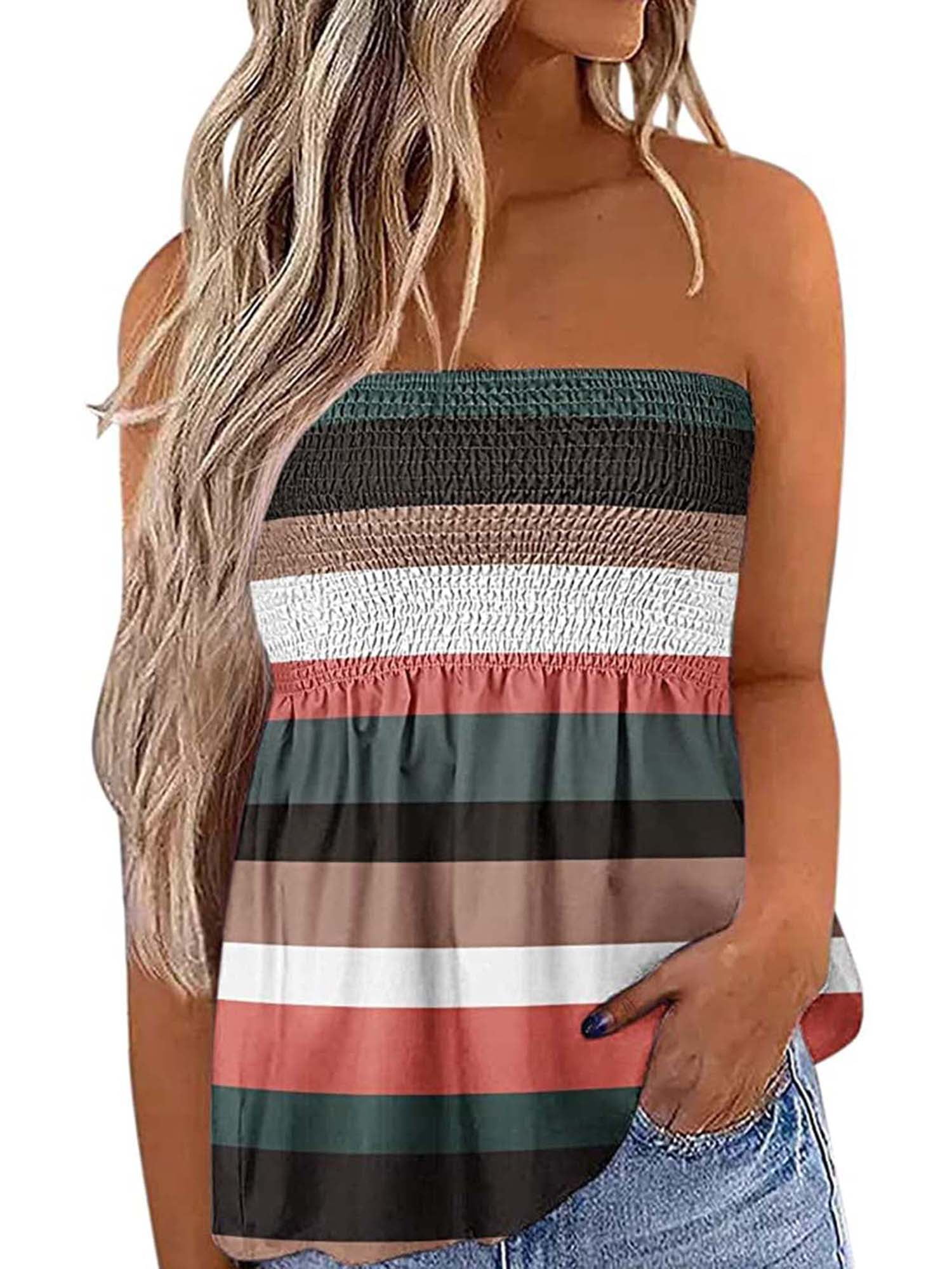 GXFC Women Summer Casual Smocked Bandeau Tube Top Sleeveless Strapless ...
