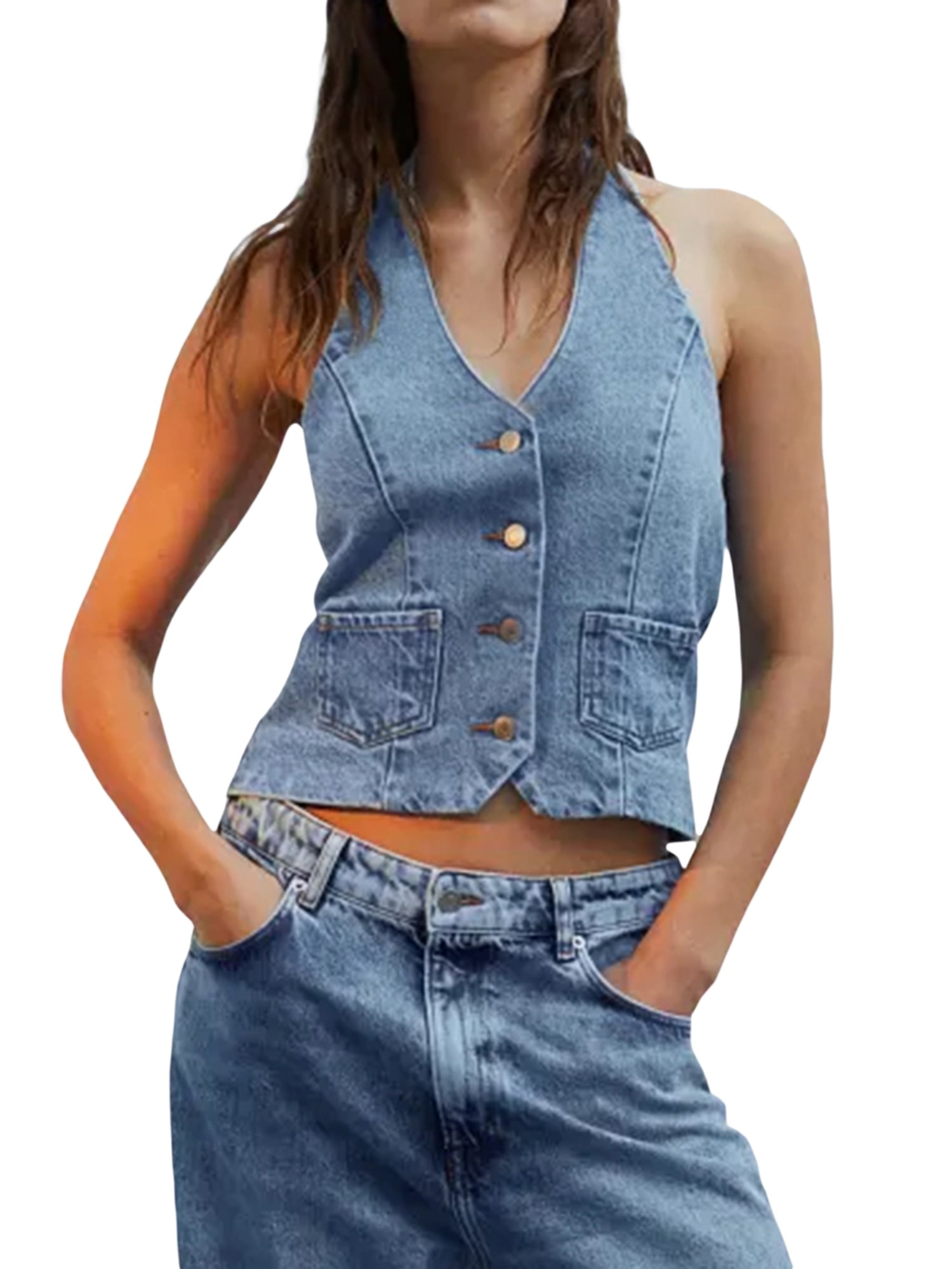GXFC Women Summer Halter Denim Top Sleeveless Camisoles Backless Button ...