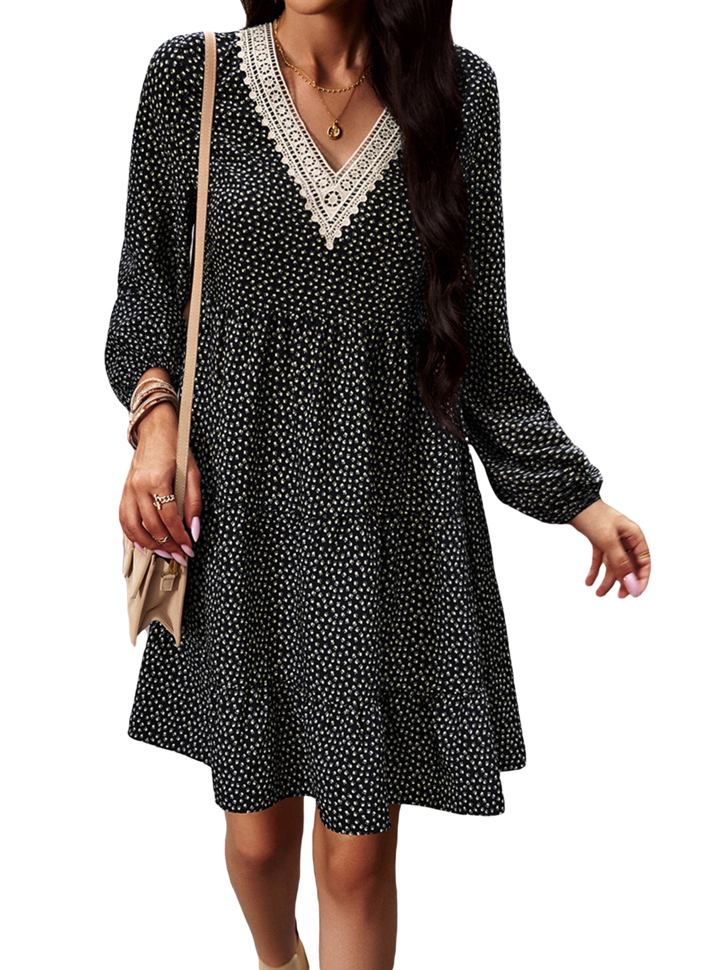 GXFC Women Summer Midi Dress Retro Print Dress Long Sleeve Daily Dress ...