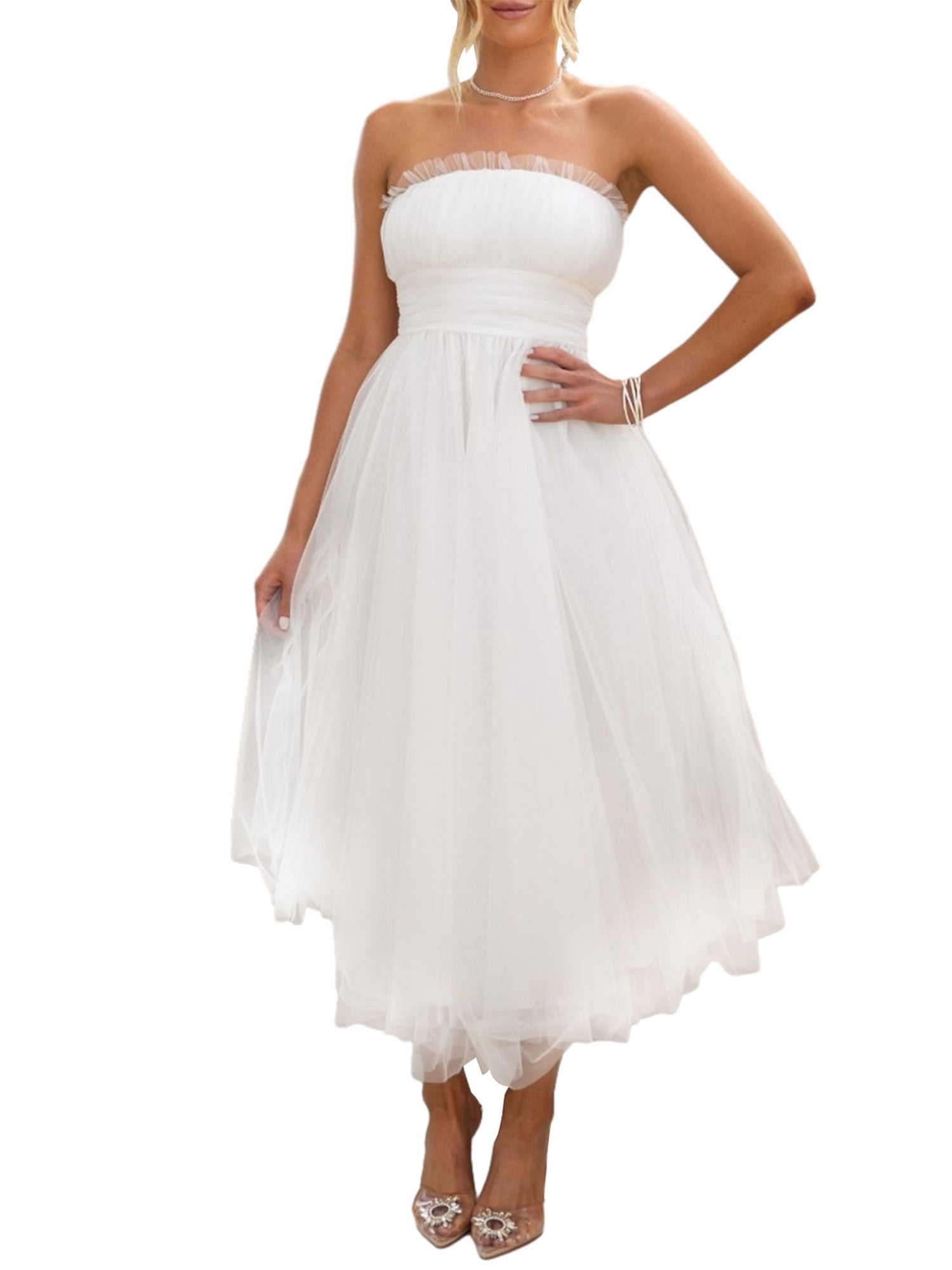 GXFC Women Wedding Dresses Strapless Tulle Midi Cocktail Dress for ...