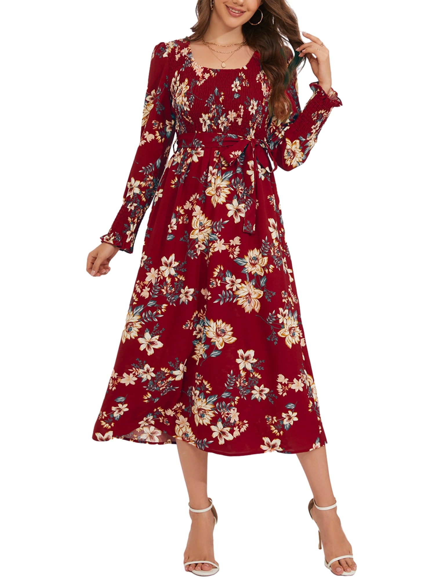 GXFC Women Wrap Midi Dress Vintage Long Sleeve Flower Print Flowy Dress ...