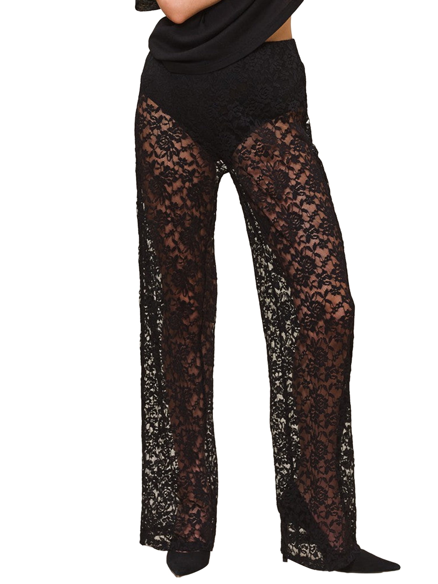 GXFC Women’s Gothic High Waist Wide Leg Flare Pants Sheer Lace Pants ...
