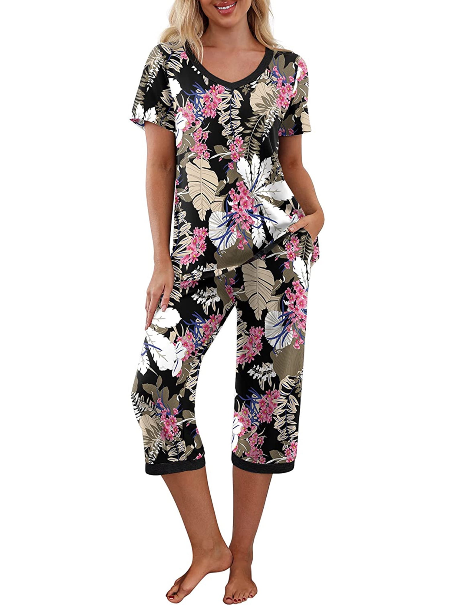 GXFC Women’s Pajama Set Clothes Vintage Short Sleeve Floral Tops ...