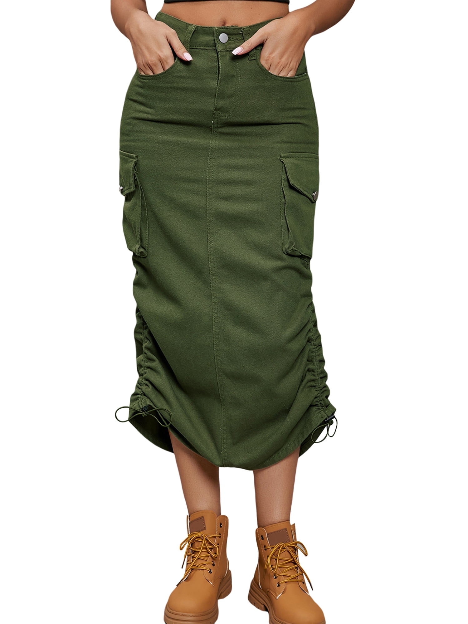 GXFC Womens Denim Midi Skirt Button Down Solid High Waisted Skirt ...