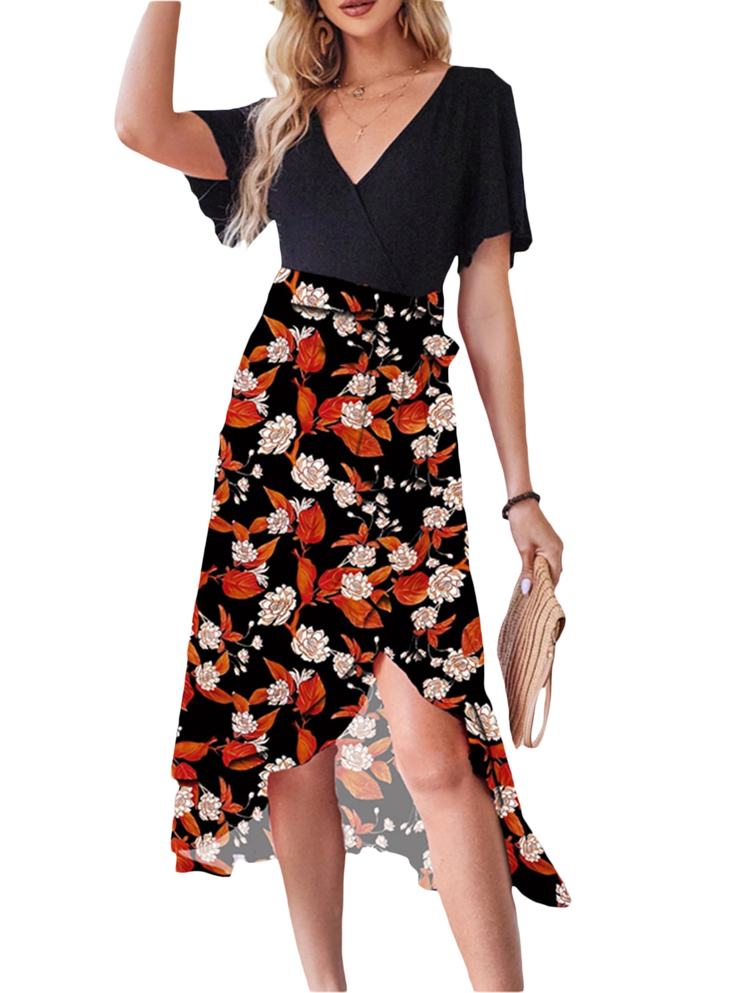 GXFC Womens High Low Dress Short Sleeve V Neck Floral High Waisted ...