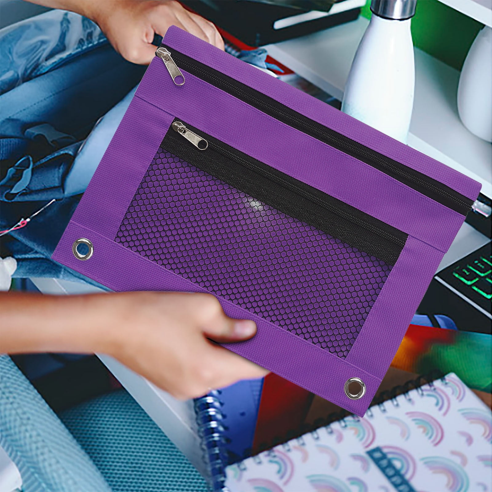 GXFMYA 2PC Large Capacity 3 Ring Zipper Pencil Pouch - Two Compartment ...