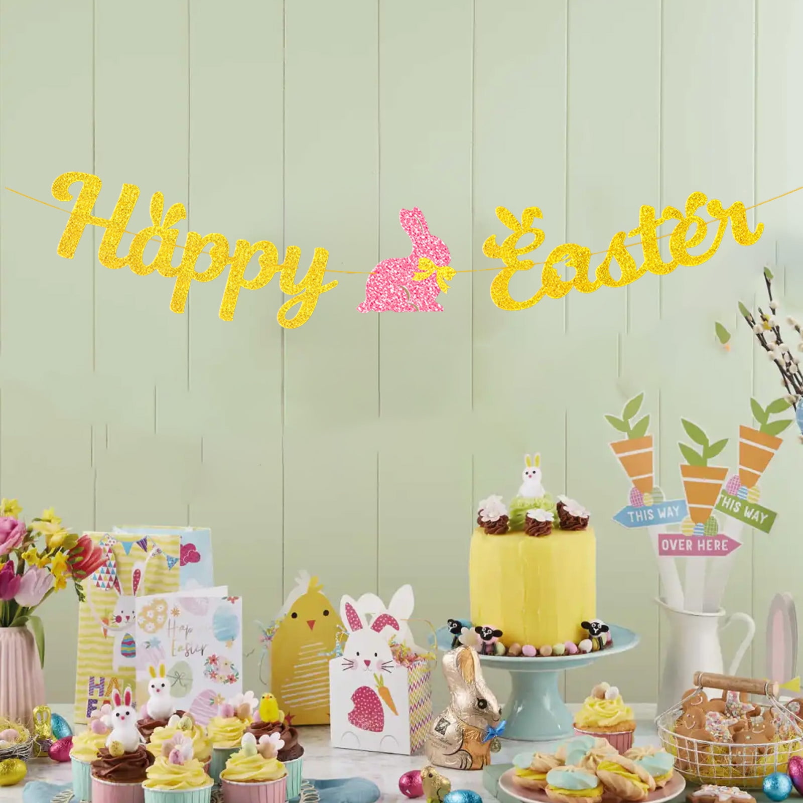 GXFMYA Easter Themed Glitter Paper Flag – Bunny, Eggs, and 'Happy ...