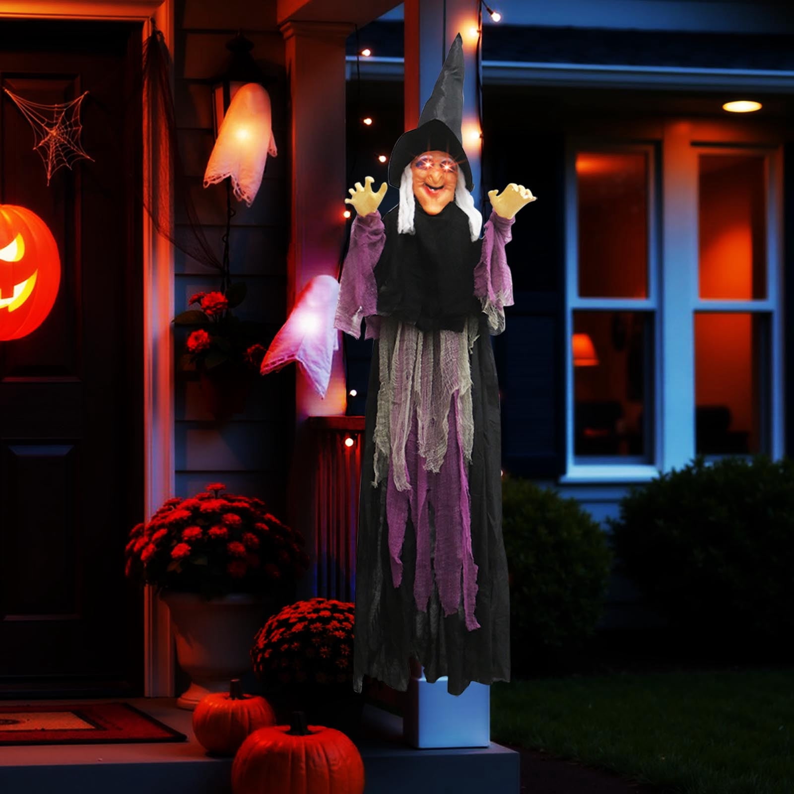 GXFMYA Halloween Animated Witch Prop - Voice Activated Flashing Eyes ...
