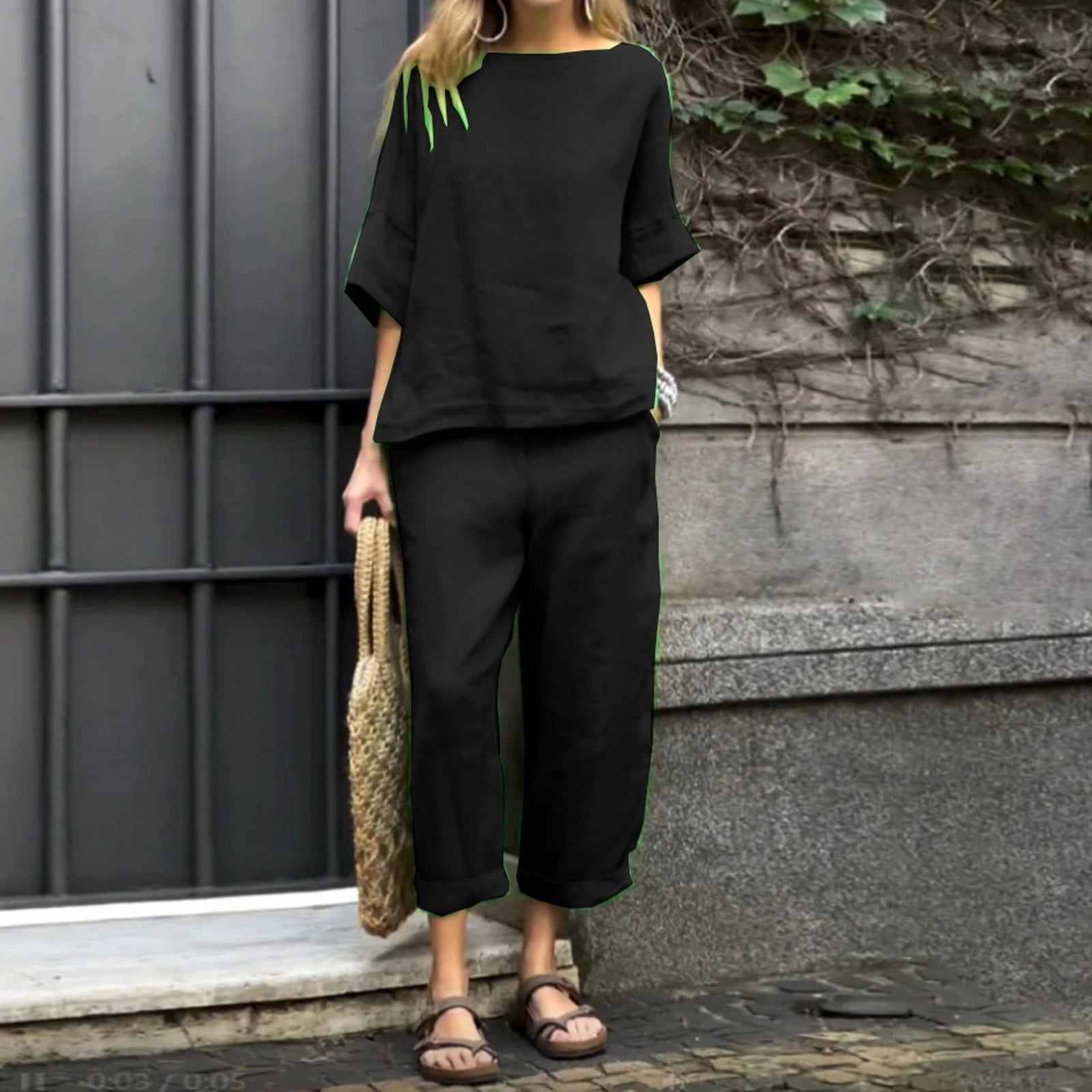GXIPO 2 Piece Linen Set for Women 2025 Casual Summer 3/4 Sleeve Cotton ...
