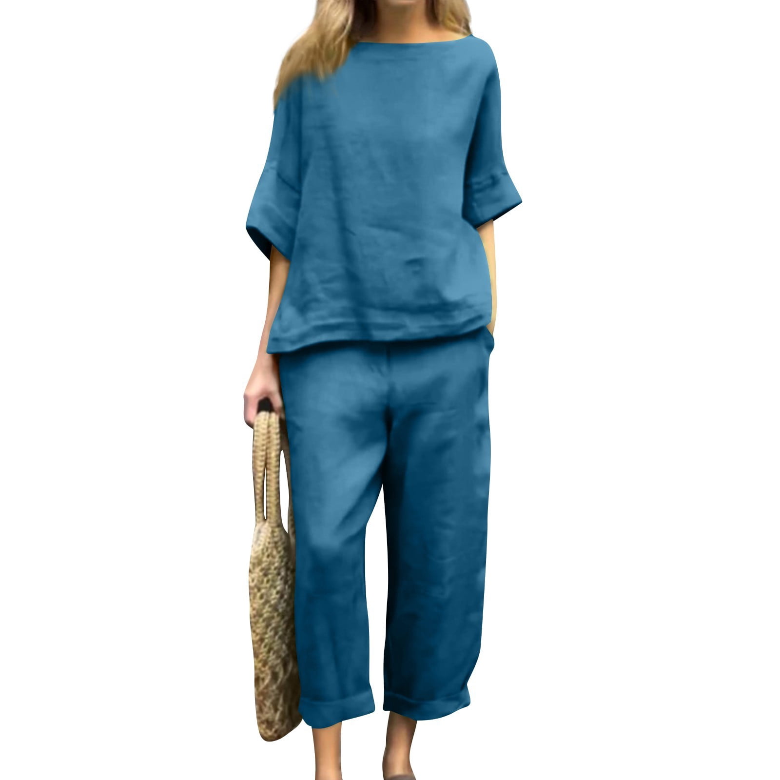 GXIPO 2 Piece Linen Set for Women 2025 Vacation Loungewear 3/4 Sleeve ...