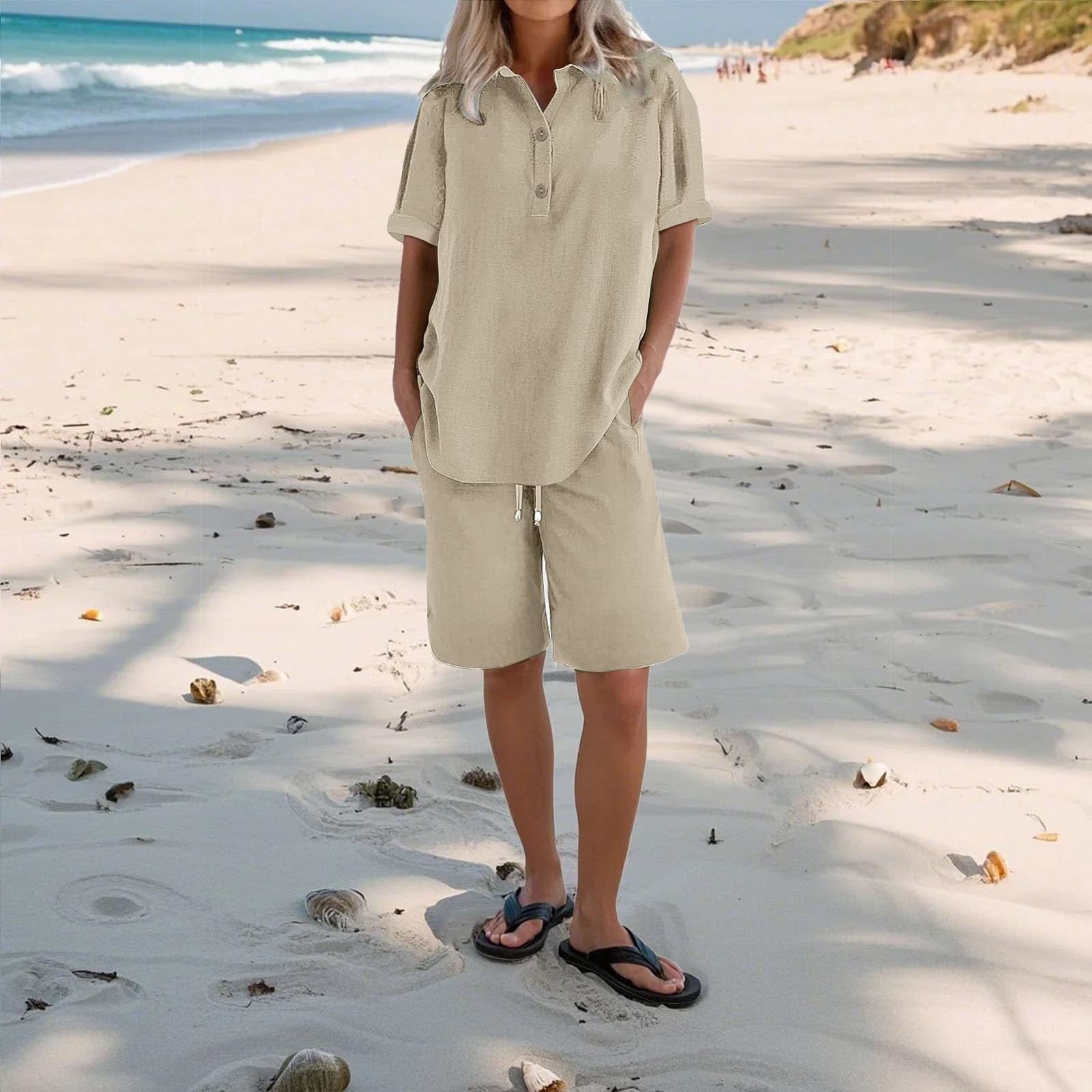 GXIPO 2025 Women's Linen Sets 2 Piece Short Sleeve Button Down Top ...