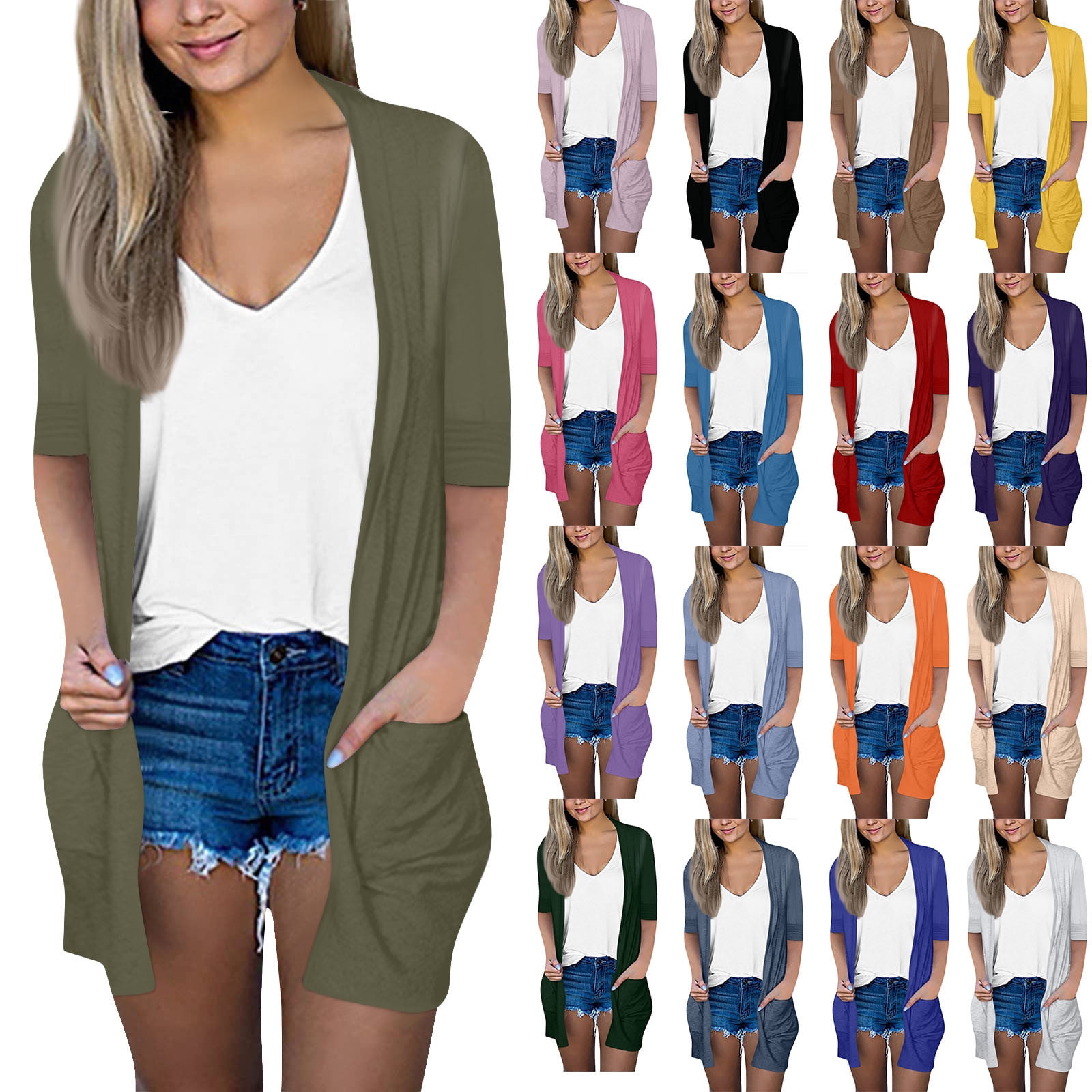 GXIPO 3/4 Sleeve Open Front Cardigan Lightweight Soft Drape Cardigans Summer Fall Solid Color ...