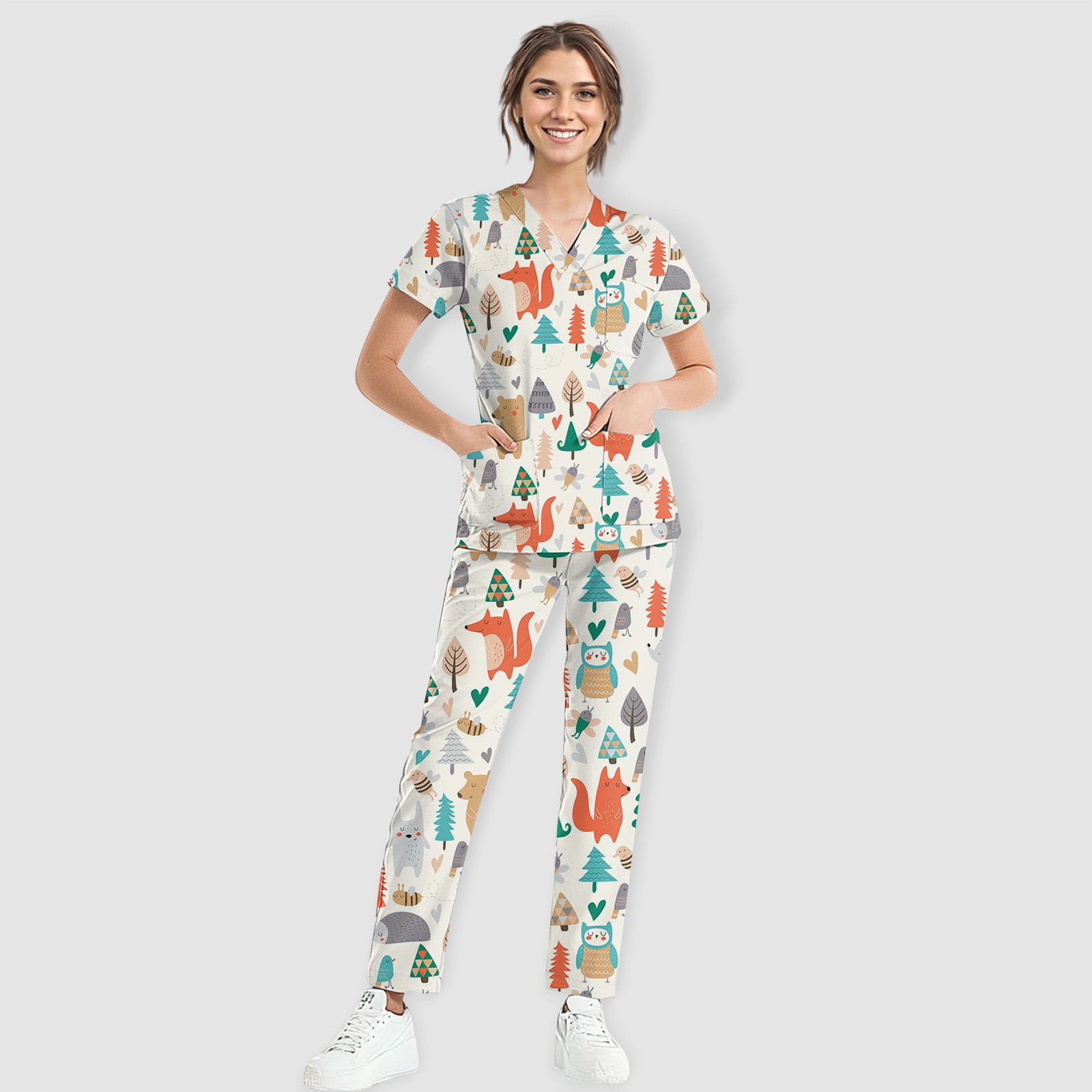 GXIPO Animal Womens Scrub Sets V-Neck Scrub Top & Pant with Pockets ...