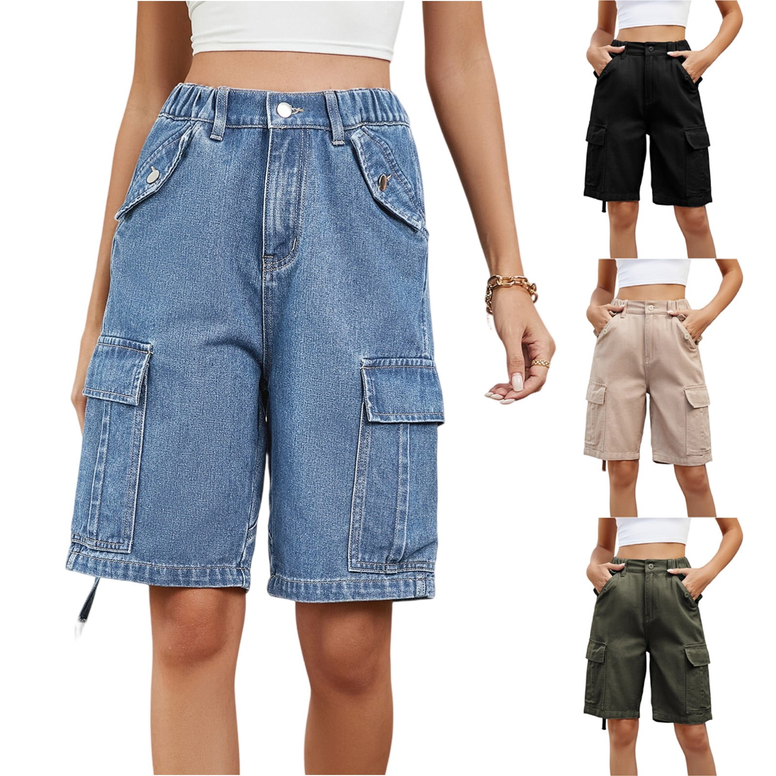 GXIPO Bermuda Cargo for Women High Waisted Denim Shorts 4 Pockets ...