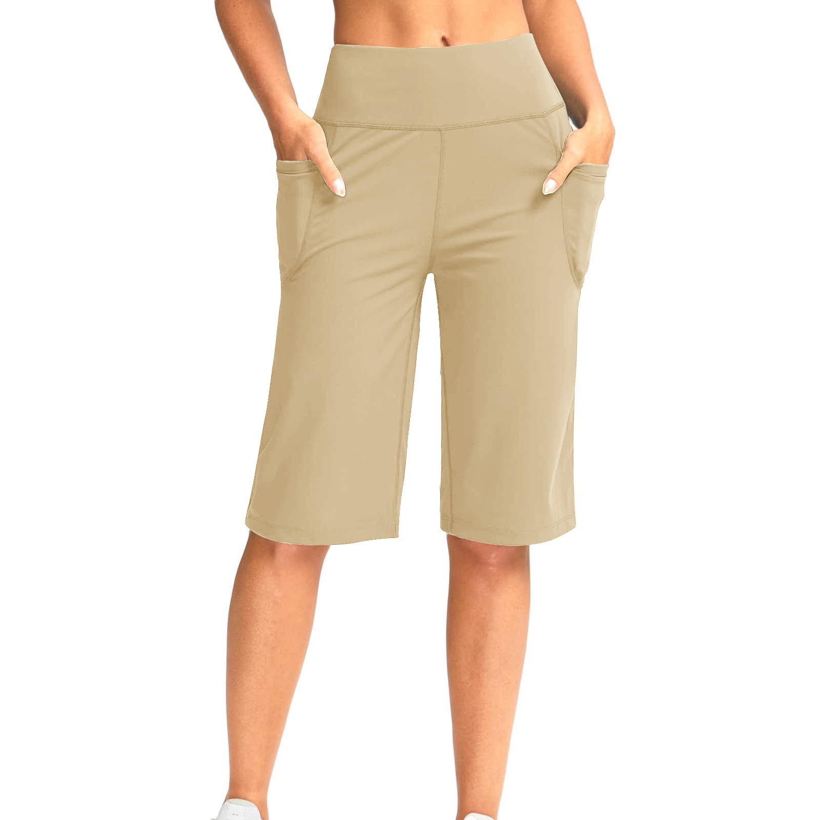 GXIPO Bermuda Shorts for Women 12" High Waisted 2 Big Pockets Long Knee ...