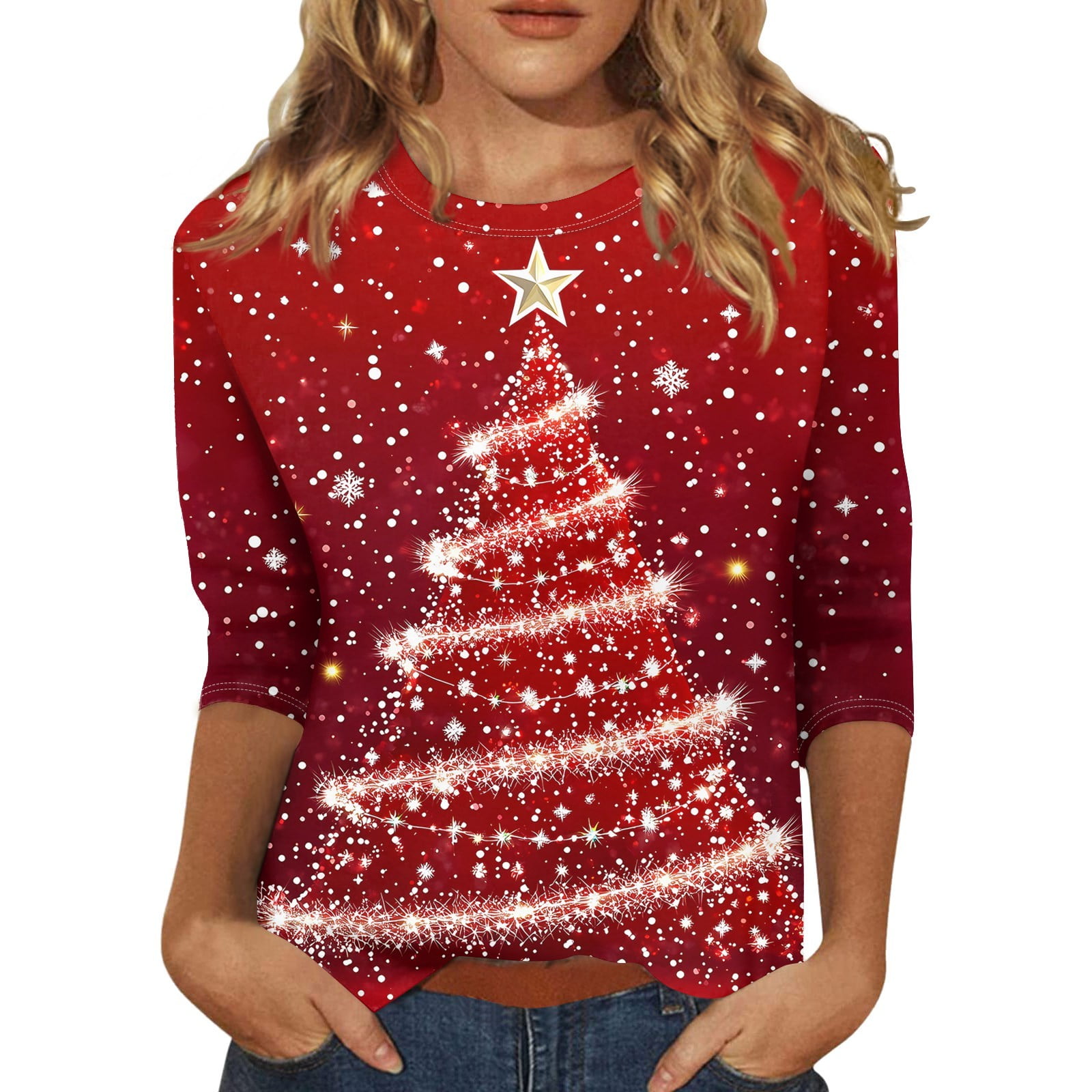 GXIPO Christmas Shirts for Women Womens 3/4 Sleeve Tops Xmas Tree Tunic ...