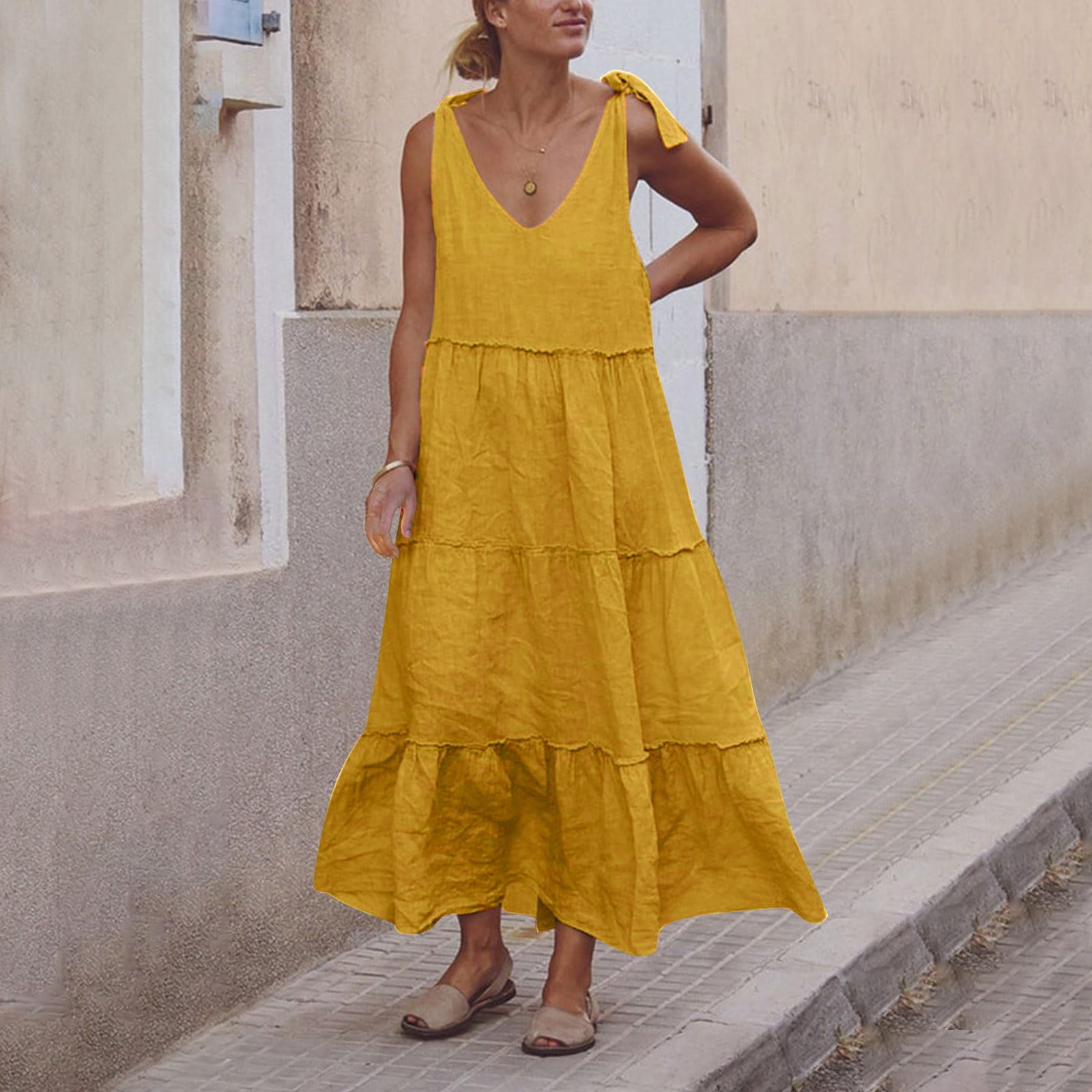 GXIPO Flowy Linen Dress Women Beach Vacation Maxi Dresses Sundress ...