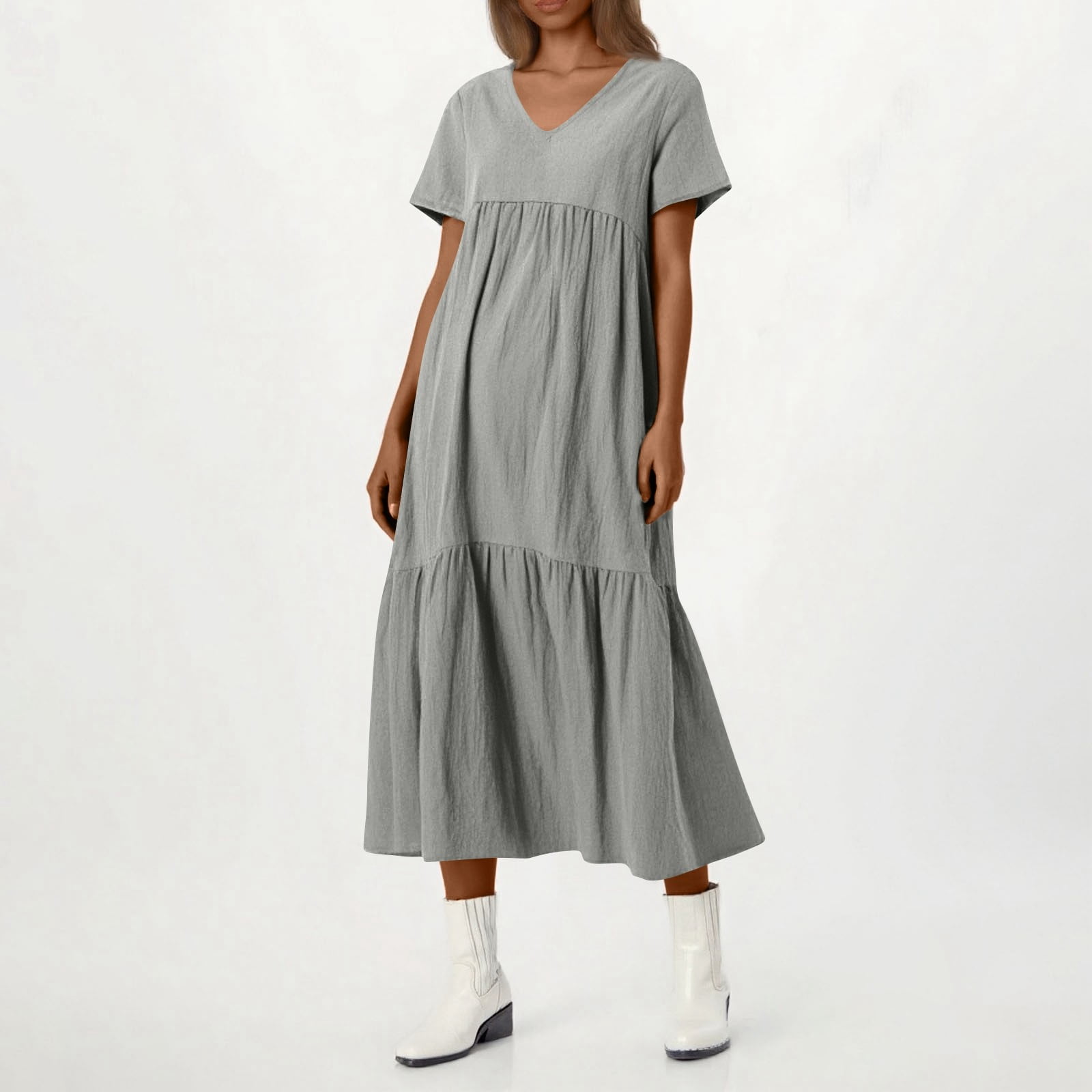 GXIPO Linen Casual Summer Dress for Women 2025 Short Sleeve V Neck ...