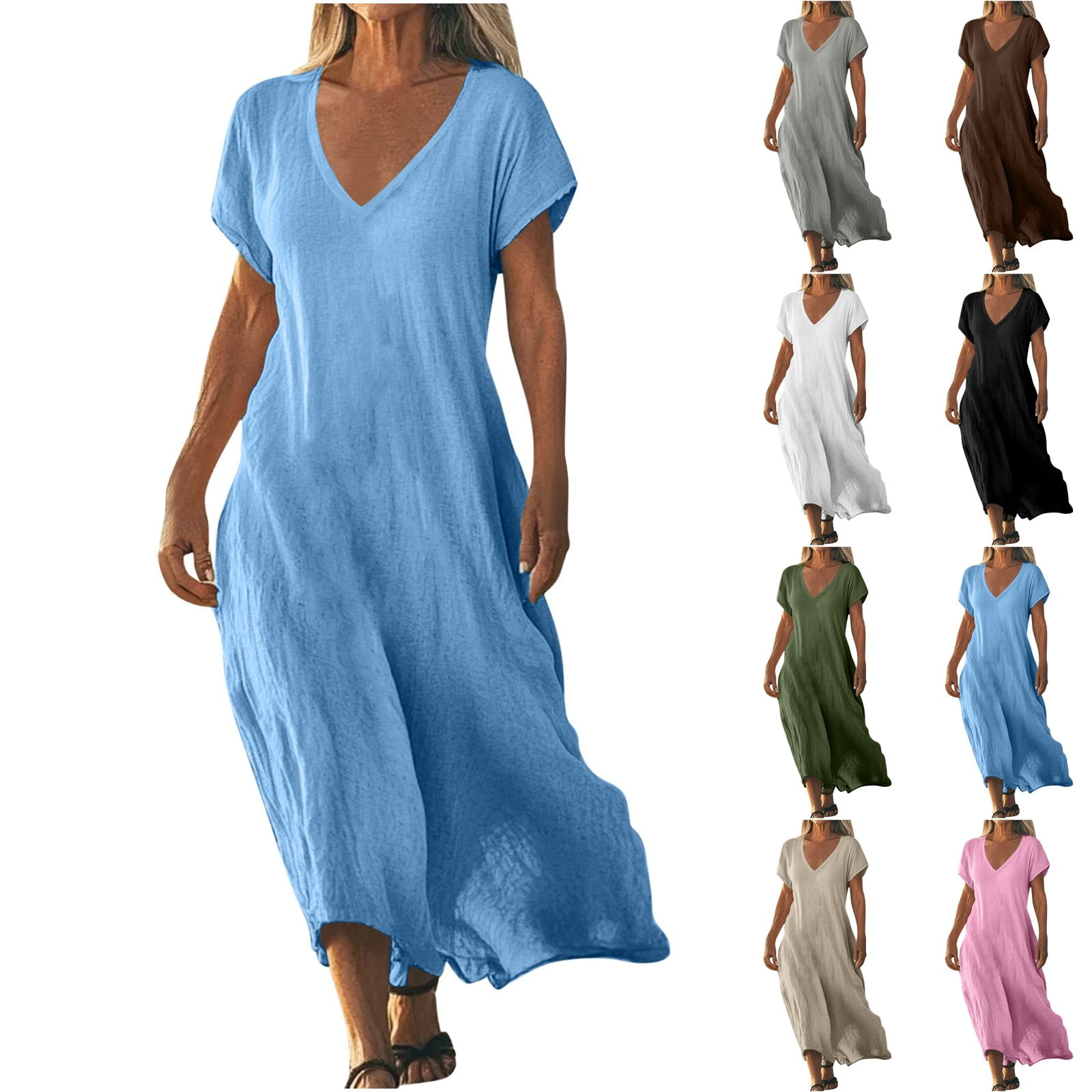 GXIPO Linen Dresses for Women 2025 Flowy V Neck Short Sleeve Loose ...