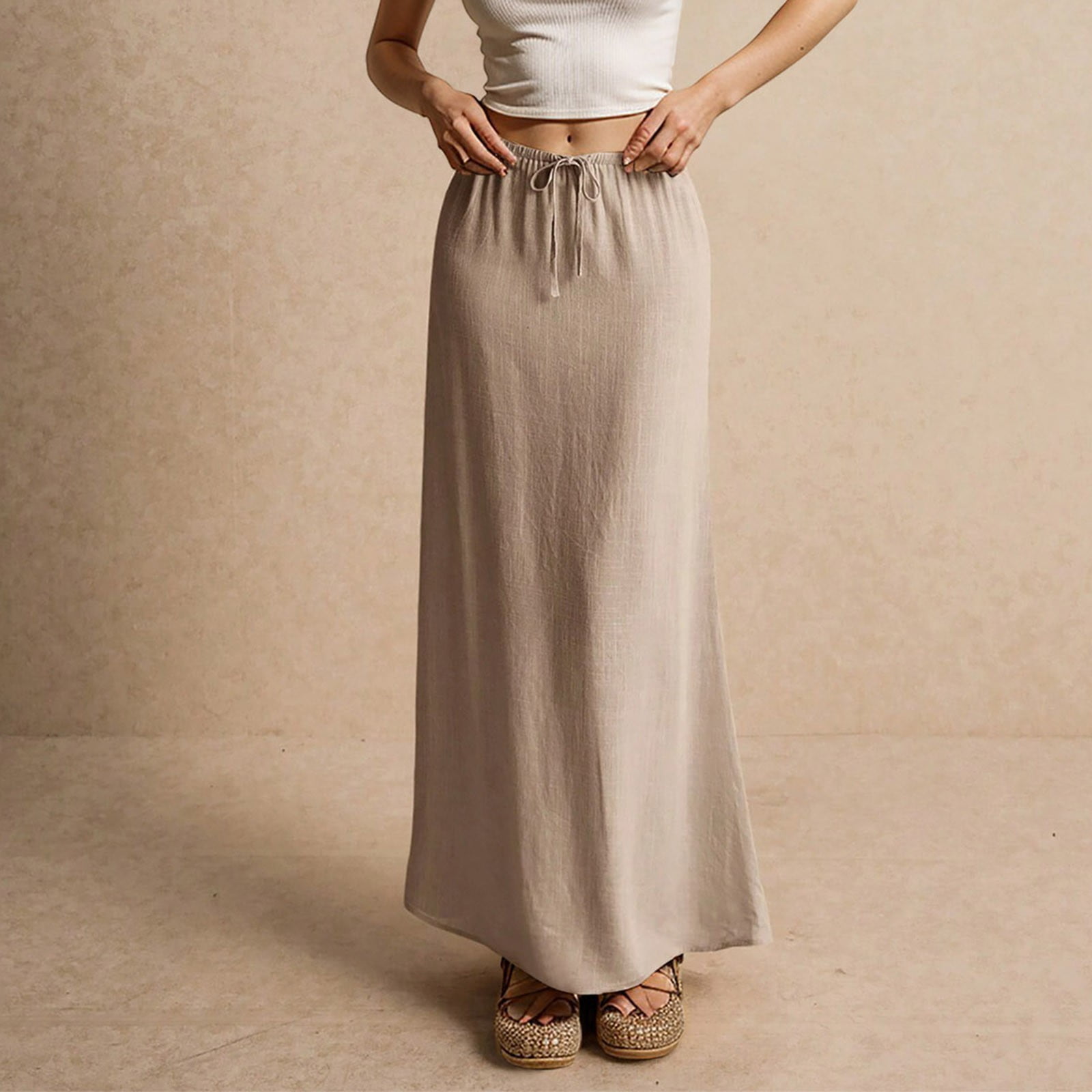 GXIPO Linen Flared Maxi Skirt Elastic Waist Drawstring Long Flowy Ankle ...