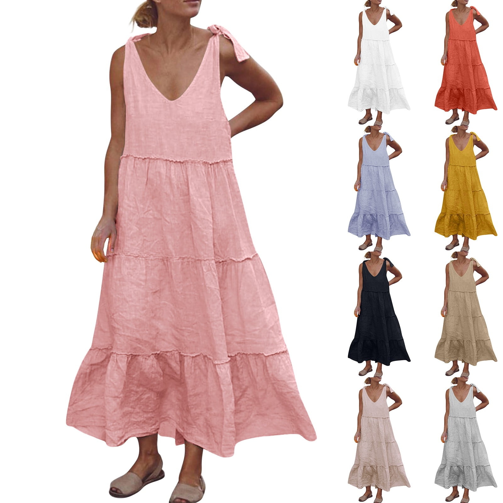GXIPO Linen Maxi Dress Women Spaghetti Strap Flowy Tiered Ruffle Boho ...