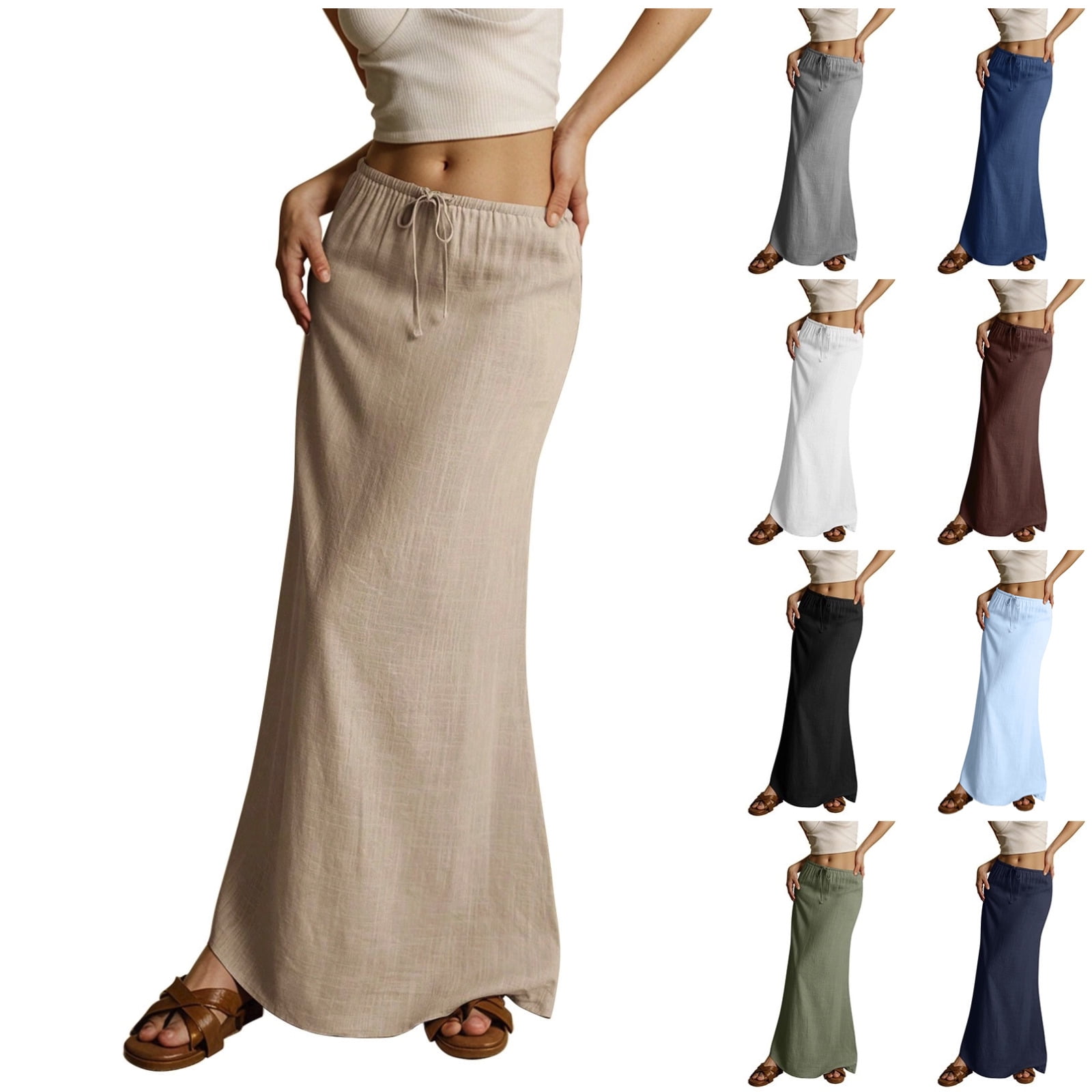 GXIPO Linen Maxi Skirts for Women Trendy Drawstring Waist A Line Skirt ...