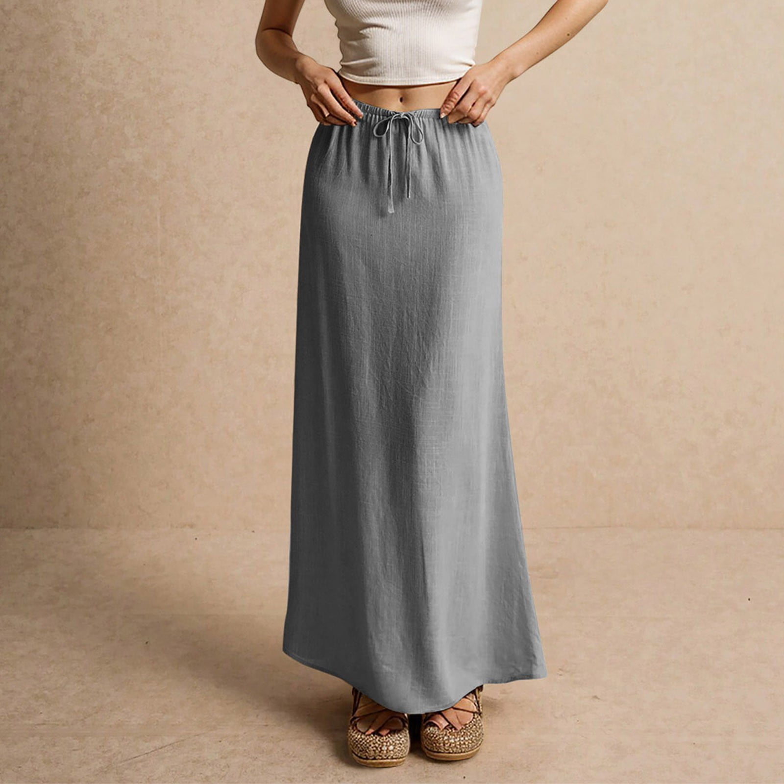 GXIPO Linen Maxi Skirts for Women Trendy Summer Comfy Drawstring Waist ...