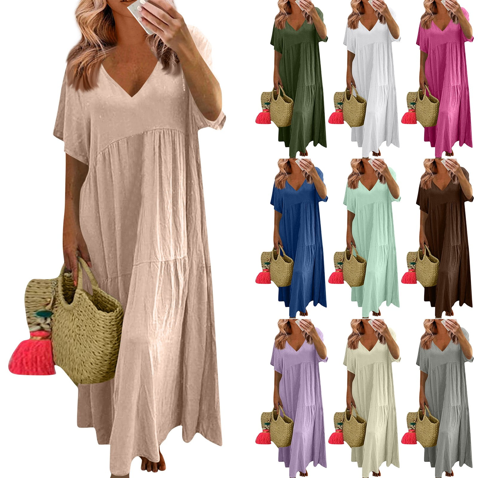 GXIPO Linen Summer Maxi Dress for Women 2025 V Neck Short Sleeve Flowy ...