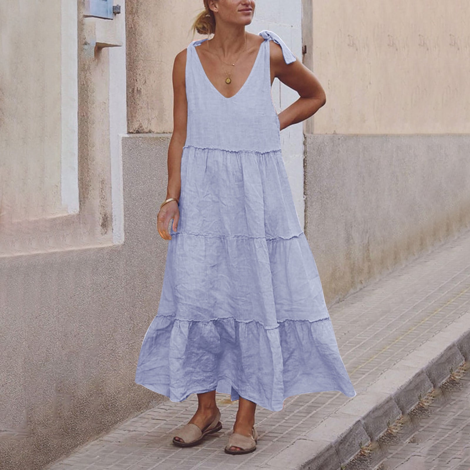 GXIPO Linen Sundress for Women Summer 2025 Tiered Maxi Dress Sleeveless ...