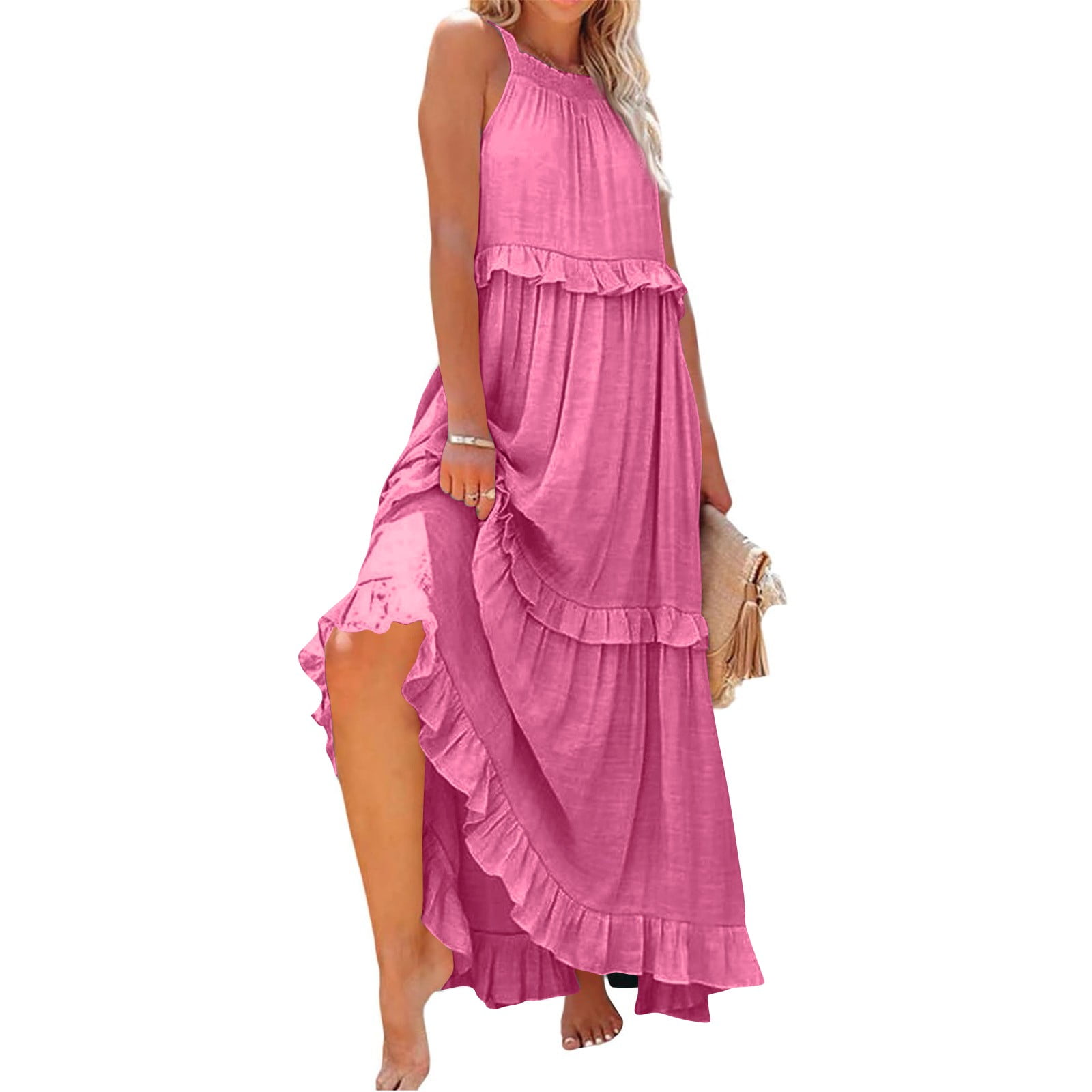 GXIPO Long Sundresses for Women 2025 Halter Neck Smocked Tiered Ruffle ...
