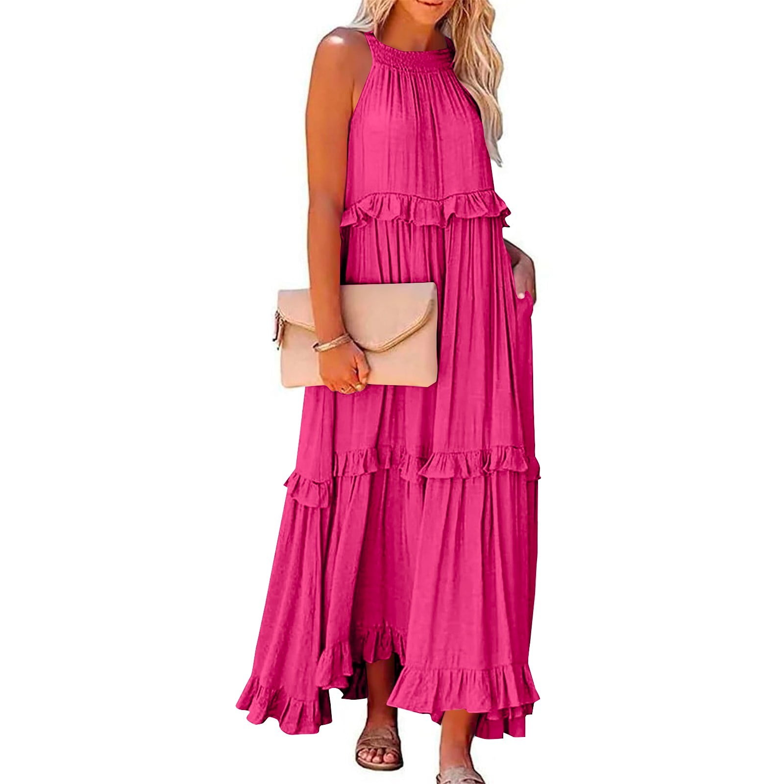 GXIPO Long Sundresses for Women 2025 Halter Neck Smocked Tiered Ruffle ...
